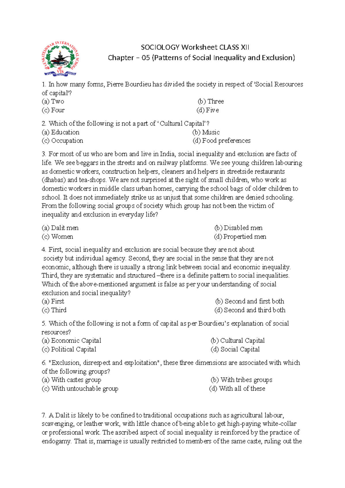 Sociology Worksheet Ch-05 XII - SOCIOLOGY Worksheet CLASS XII Chapter ...