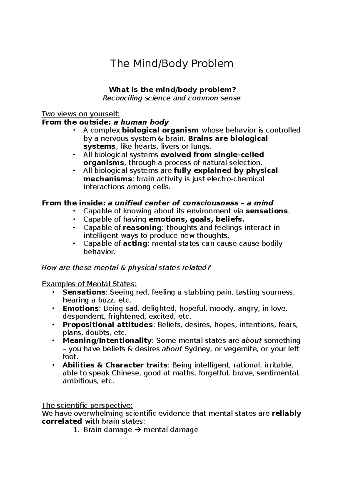 Phil Mind notes for subject - The Mind/Body Problem What is the mind ...