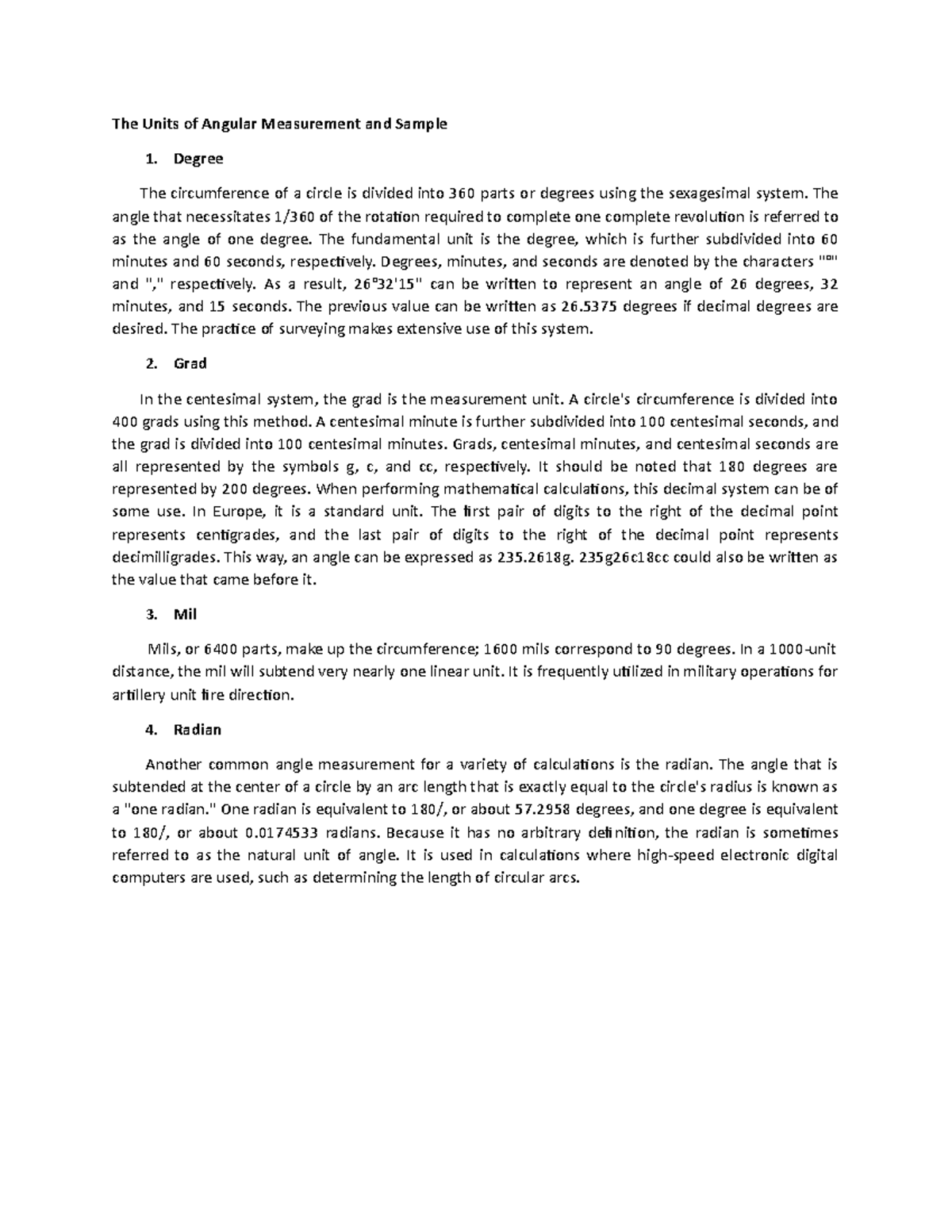 The Units of Angular Measurement and Sample - The Units of Angular ...