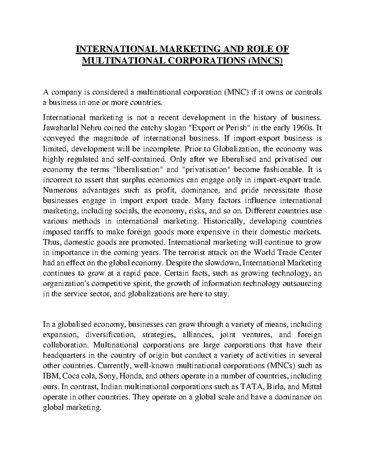 International Marketing and role of Multinational Corporations (MNCs) - INTERNATIONAL MARKETING ...