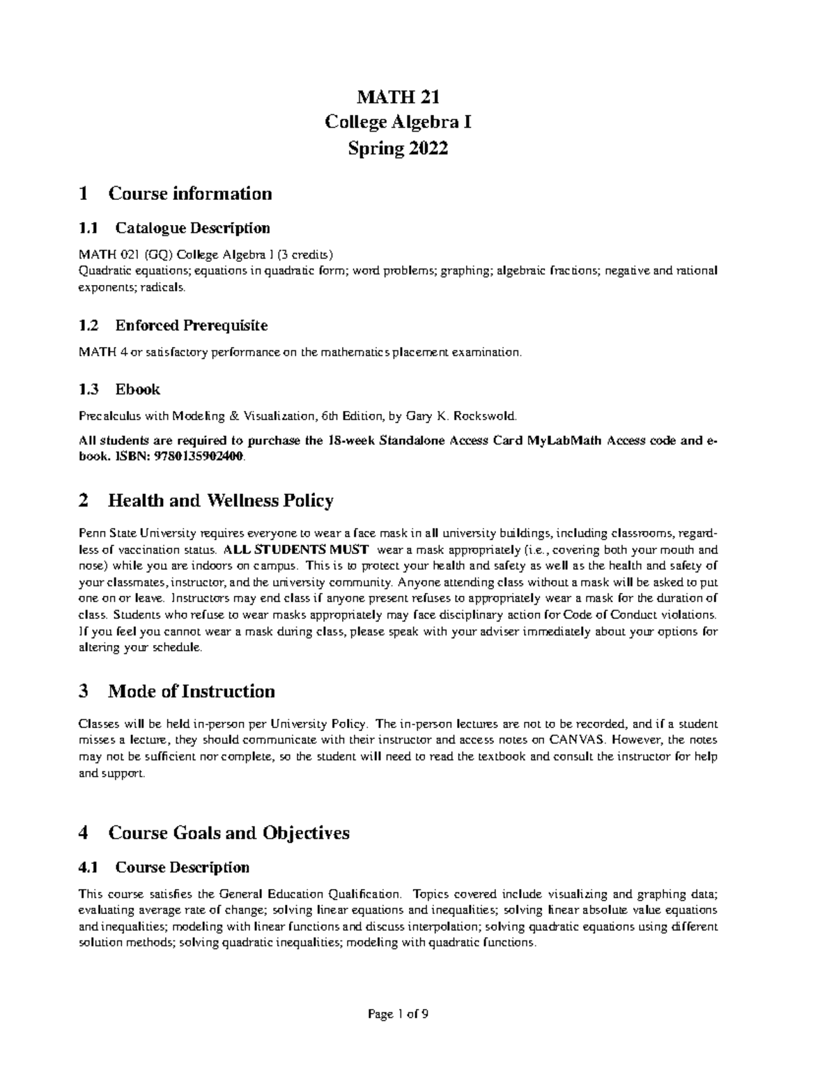 21 Syllabus - no. - MATH 21 College Algebra I Spring 2022 1 Course information 1 Catalogue - Studocu