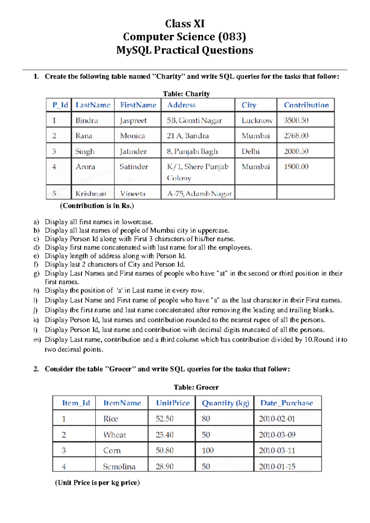Class xi practical assignment mysql - Class XI Computer Science (083) MySQL Practical Questions ...