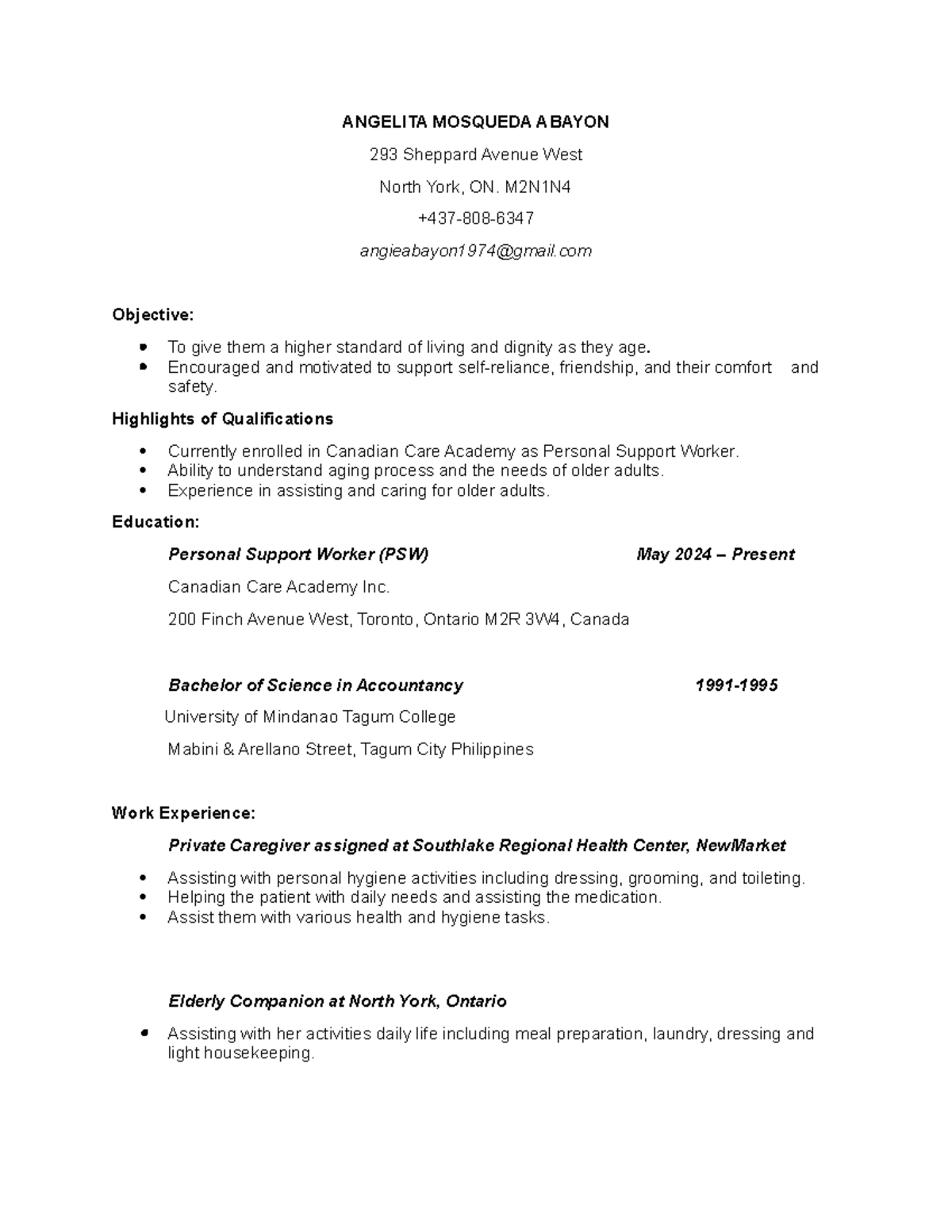 Angie PSW resume - Assisting client in their Daily living activities ...