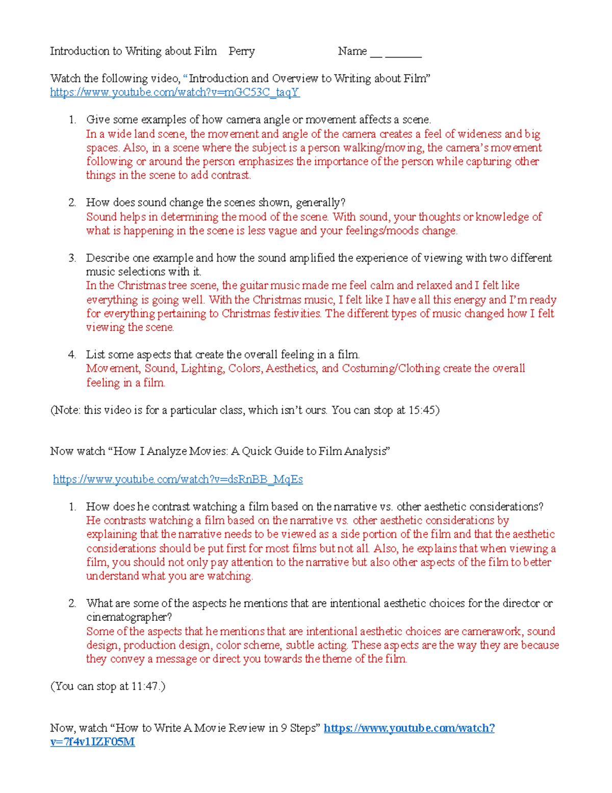 Introduction to Writing about Film - In a wide land scene, the movement ...