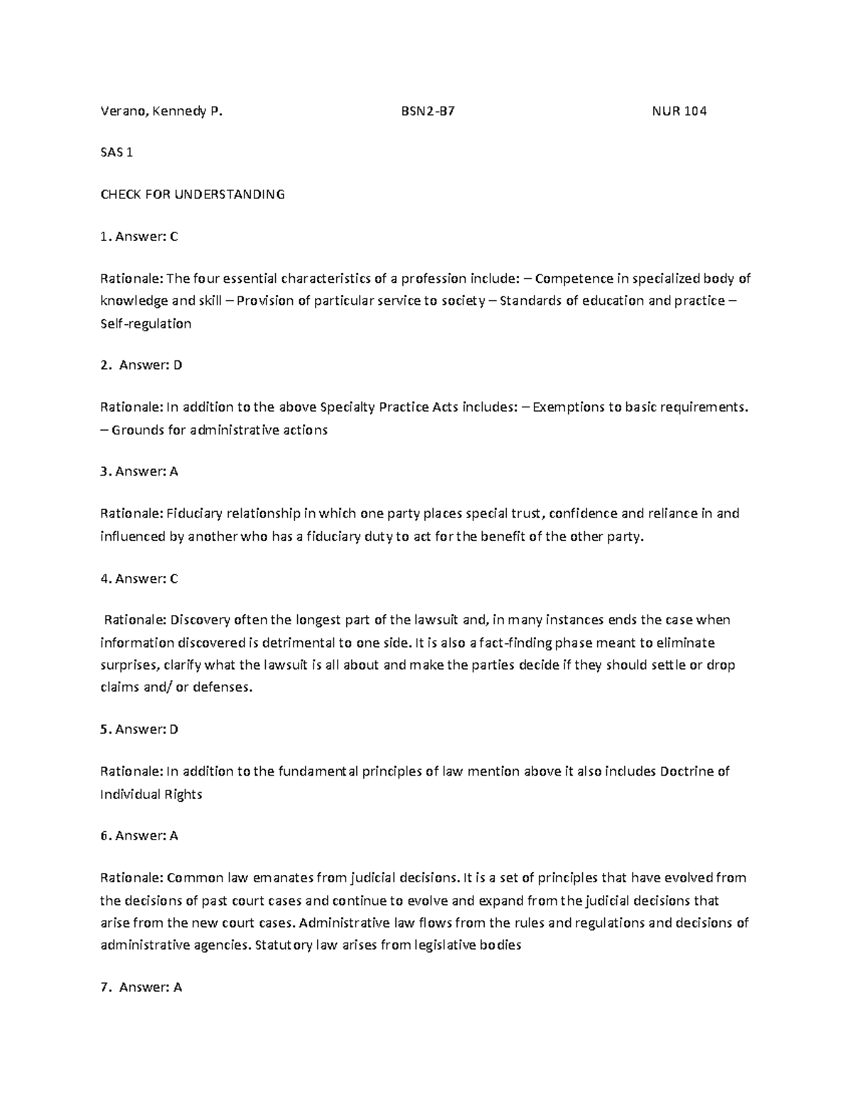 Verano Kennedy SAS1 - SAS1 - Verano, Kennedy P. BSN2-B7 NUR 104 SAS 1 ...