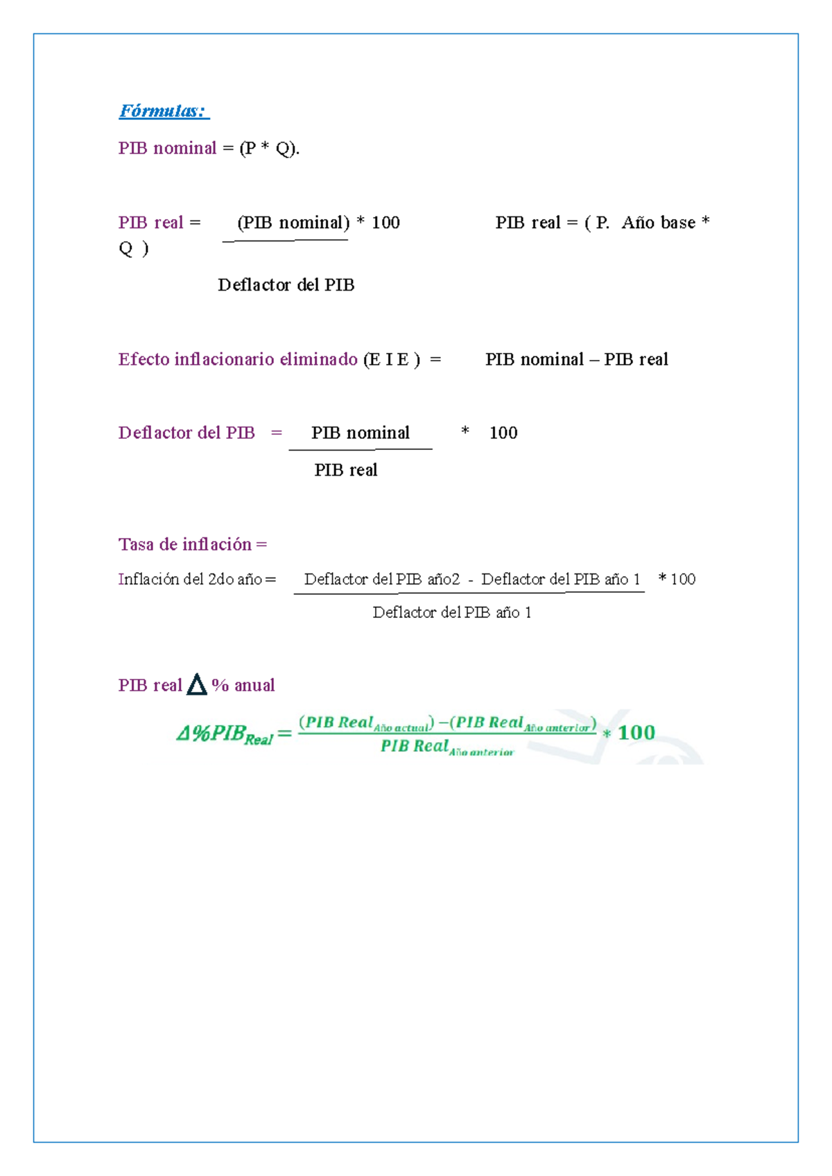 Fórmulas tercer examen - Fórmulas: PIB nominal = (P * Q). PIB real = (PIB nominal) * 100 PIB ...