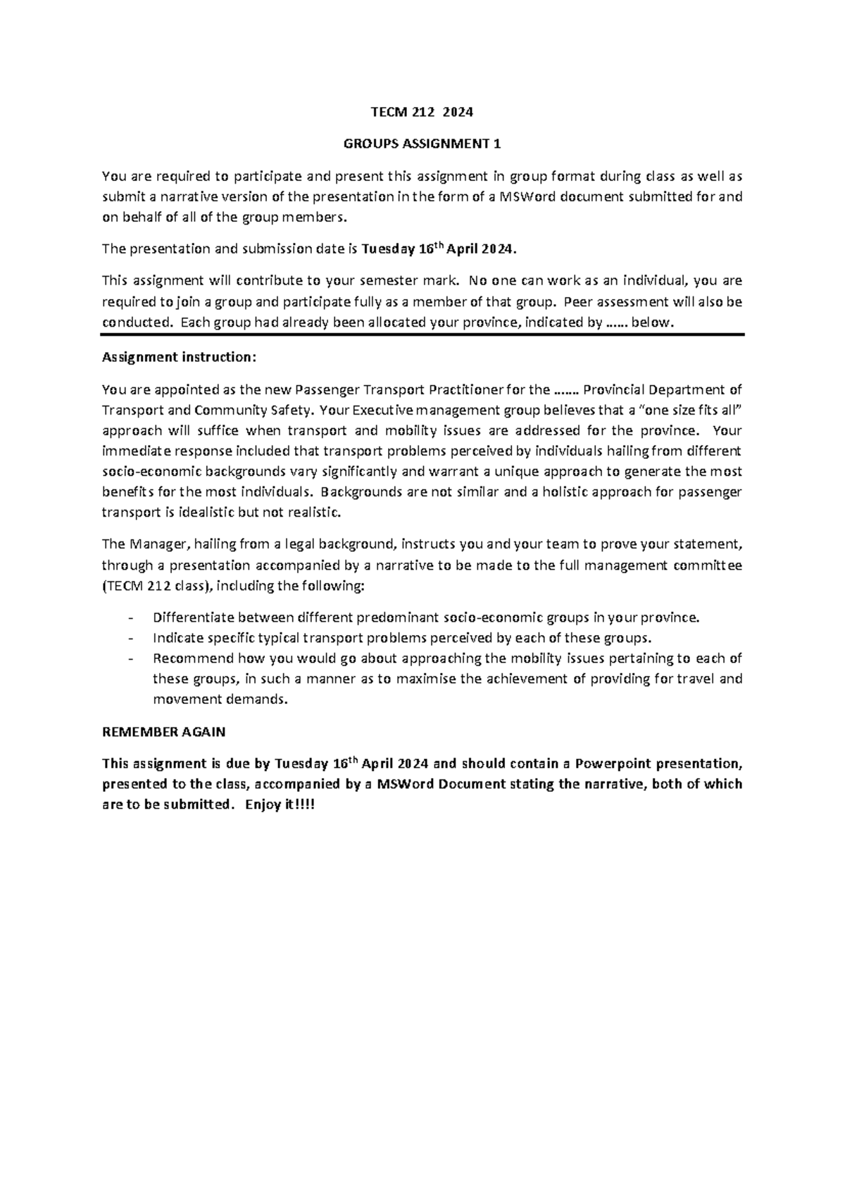 Assignment 212 1 2024 KV - TECM 212 2024 GROUPS ASSIGNMENT 1 You are required to participate and ...