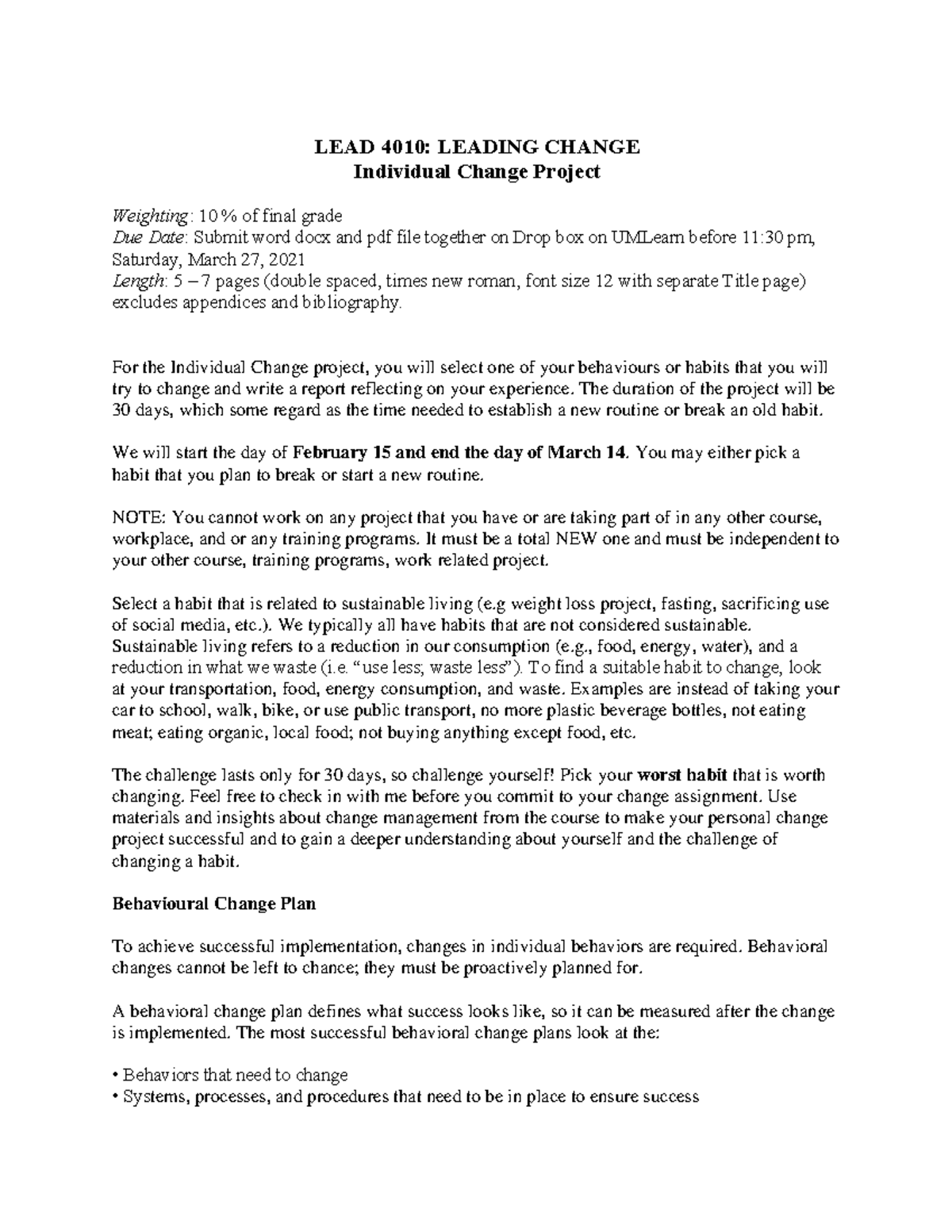 LEAD 4010 - Individual Change Project W 2021 - LEAD 4010: LEADING ...