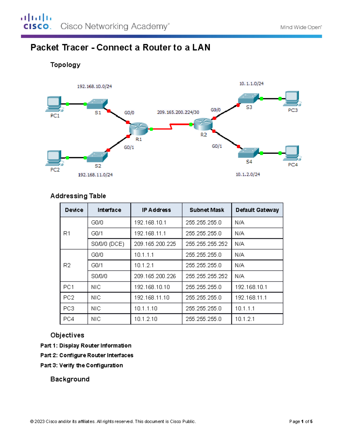 Cisco - Connect a Router to a LAN - Topology Addressing Table Device ...