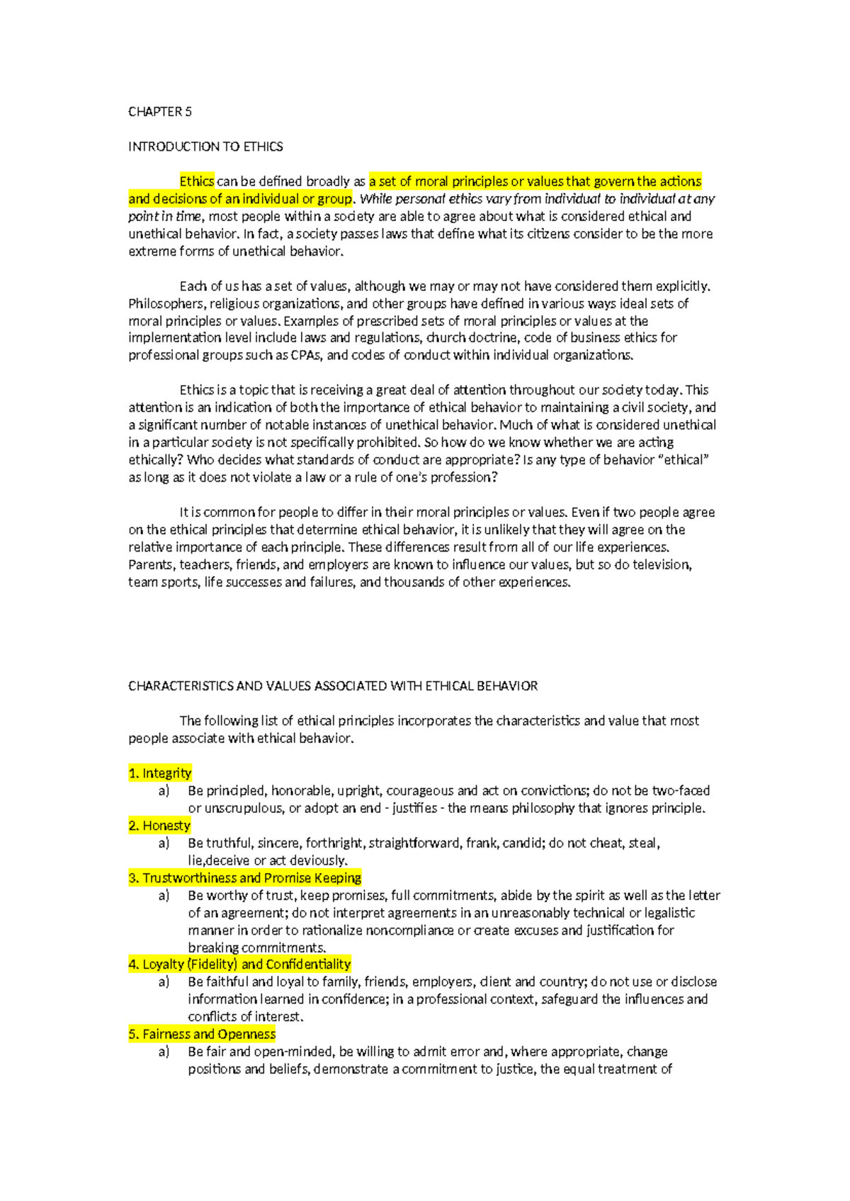 Intro to Ethics 9 (ch. 5) - CHAPTER 5 INTRODUCTION TO ETHICS Ethics can ...