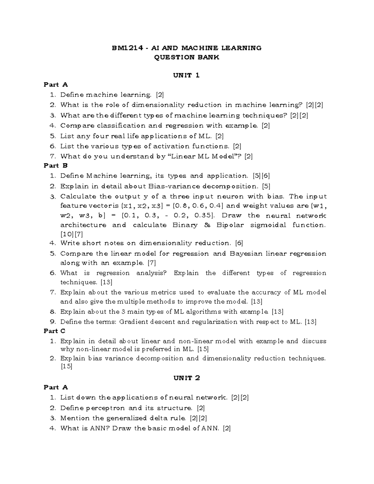 Question Bank - AI & ML - BM1214 - AI AND MACHINE LEARNING QUESTION BANK UNIT 1 Part A Define ...