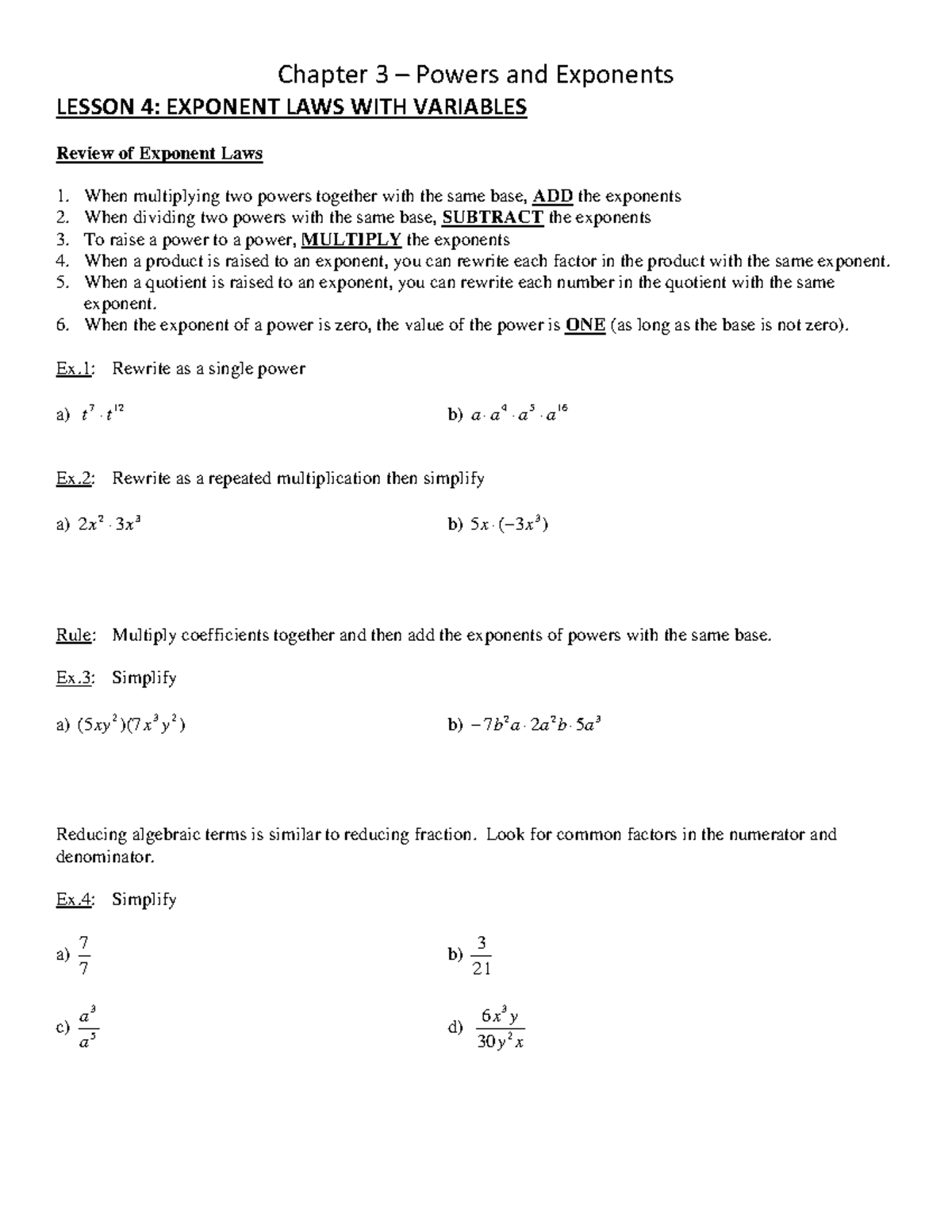 Exponent Laws - practice - Chapter 3 – Powers and Exponents LESSON 4 ...