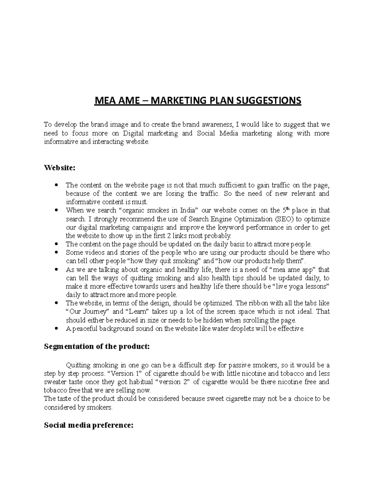 Mea ame - MEA AME - MEA AME – MARKETING PLAN SUGGESTIONS To develop the ...