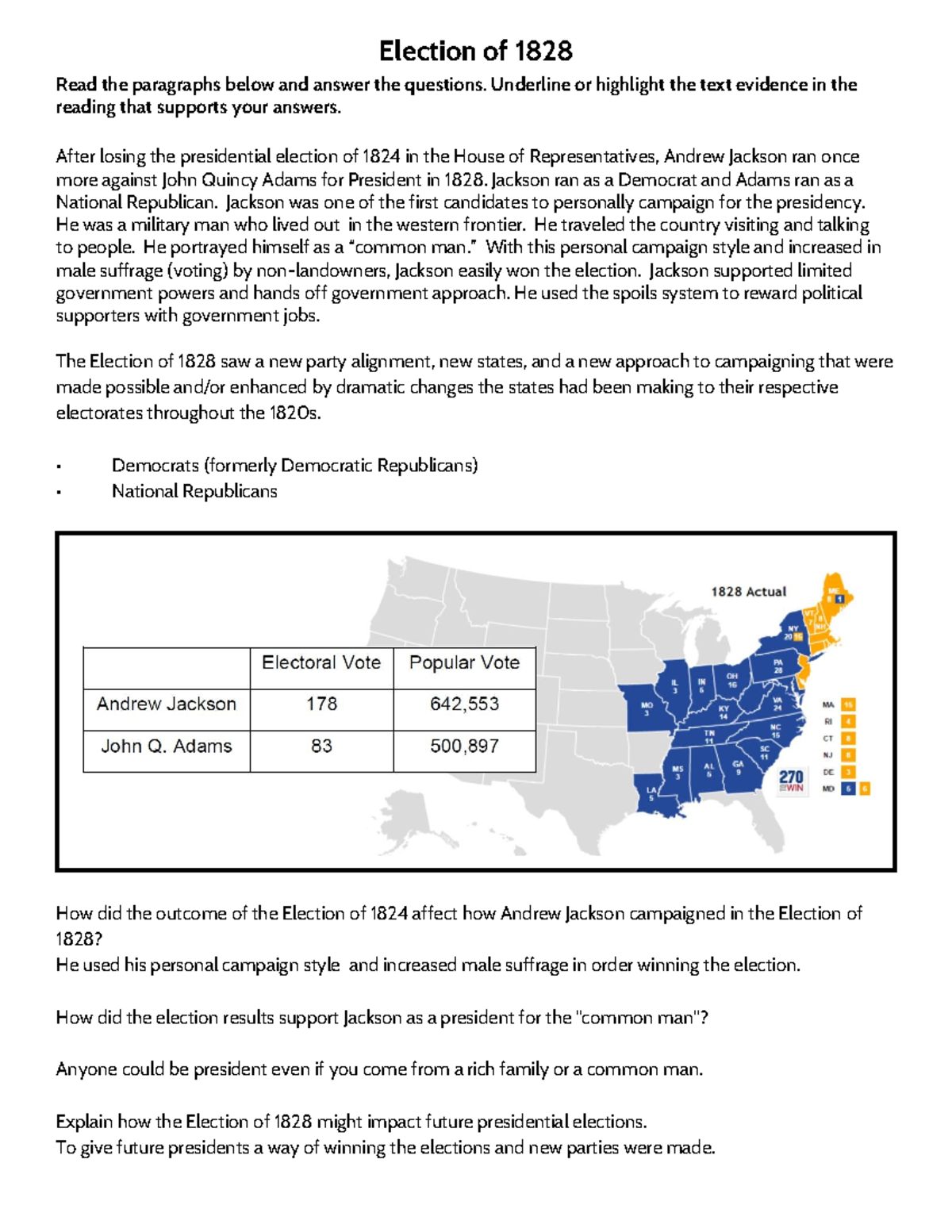 Copy of Election of 1828 Reading with Map Analysis - Election of 1828 ...