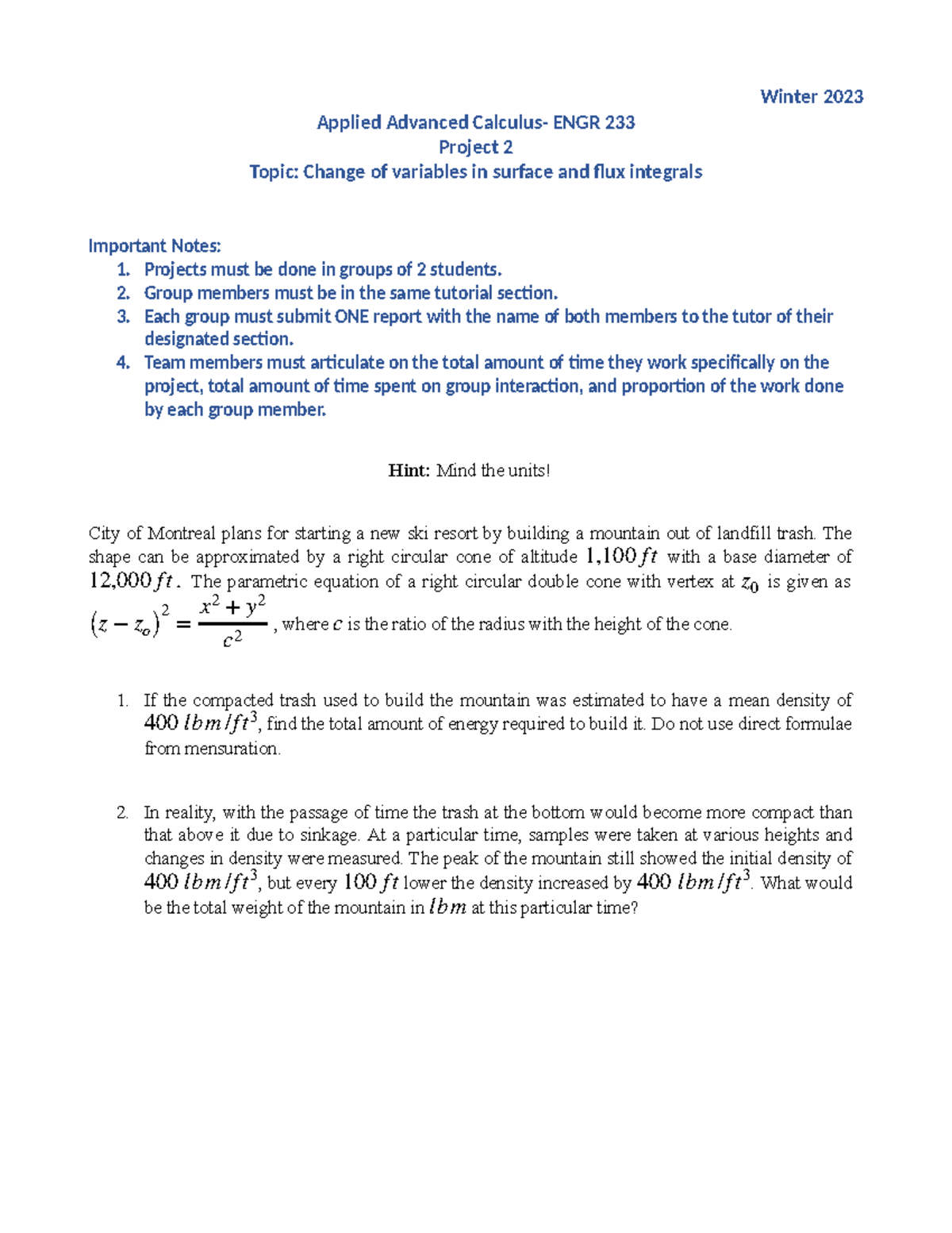 Applied Calculus-Project 2-Winter 2023 released - Winter 2023 Applied ...