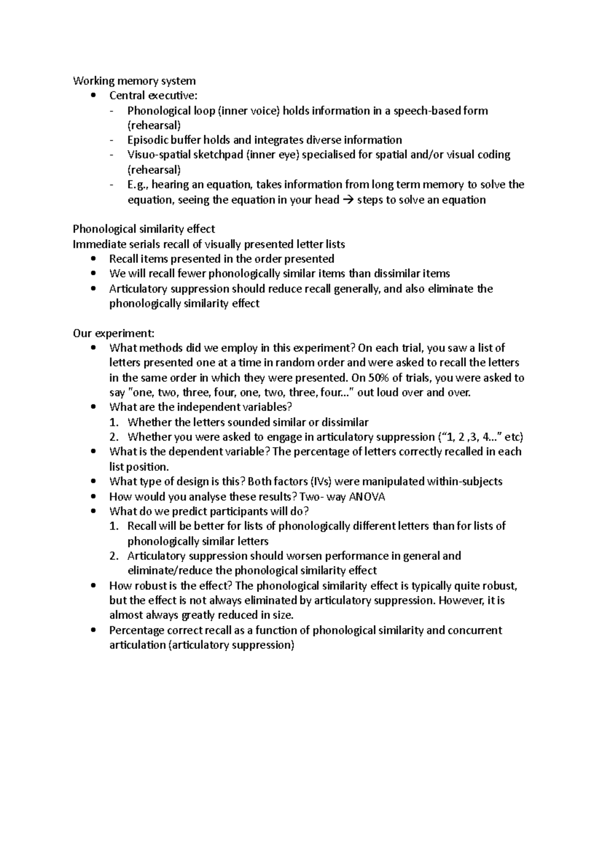 Tutorial 1 - Working memory system Central executive: - Phonological ...
