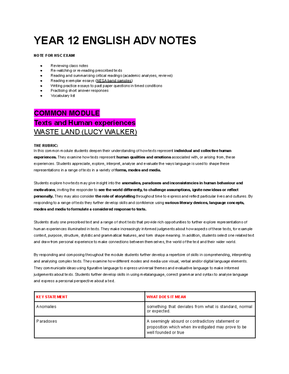 YR 12 English Notes - YEAR 12 ENGLISH ADV NOTES NOTE FOR HSC EXAM ...