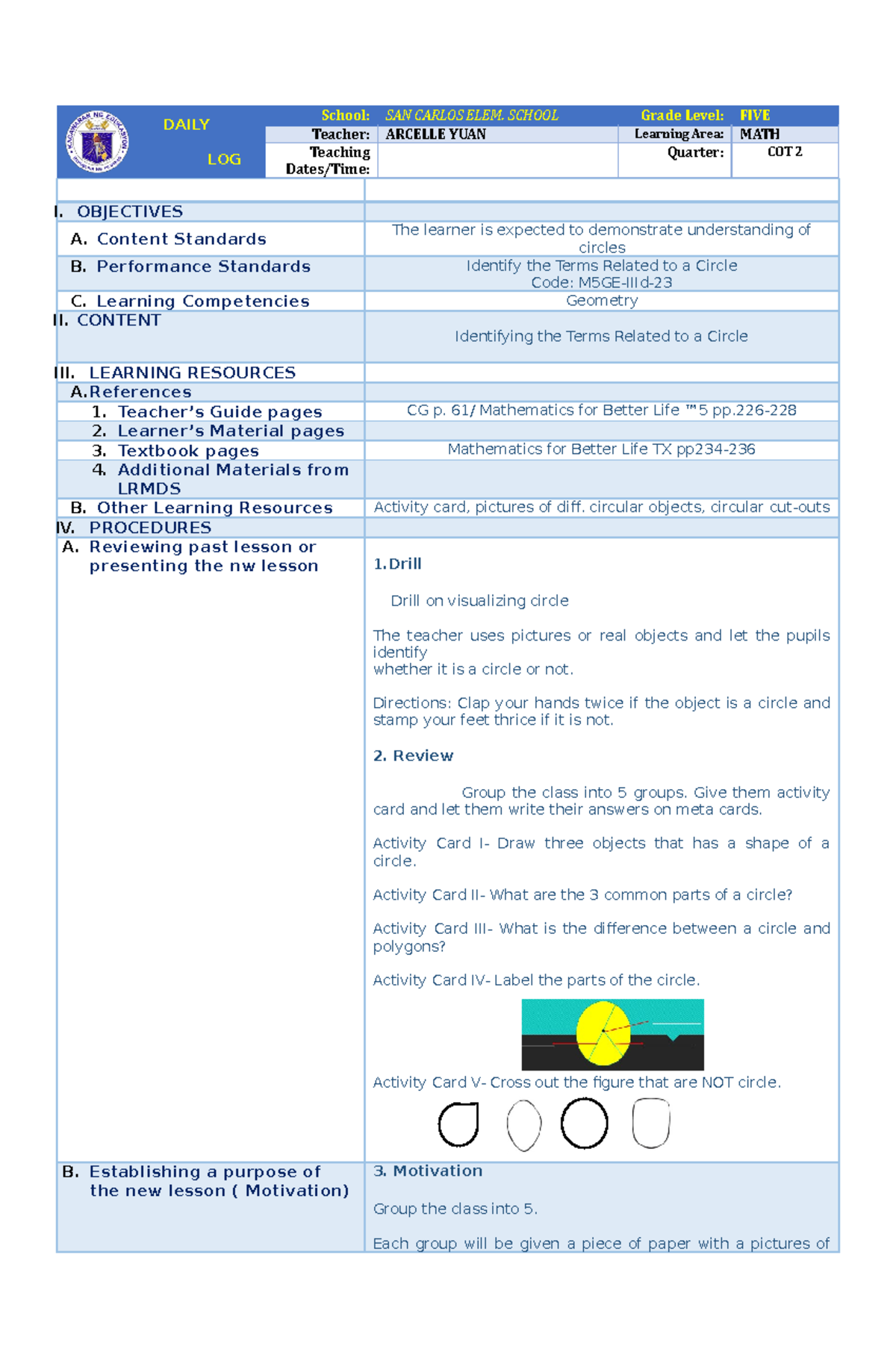lesson plan in Mathematics - DAILY LESSON LOG School: SAN CARLOS ELEM ...