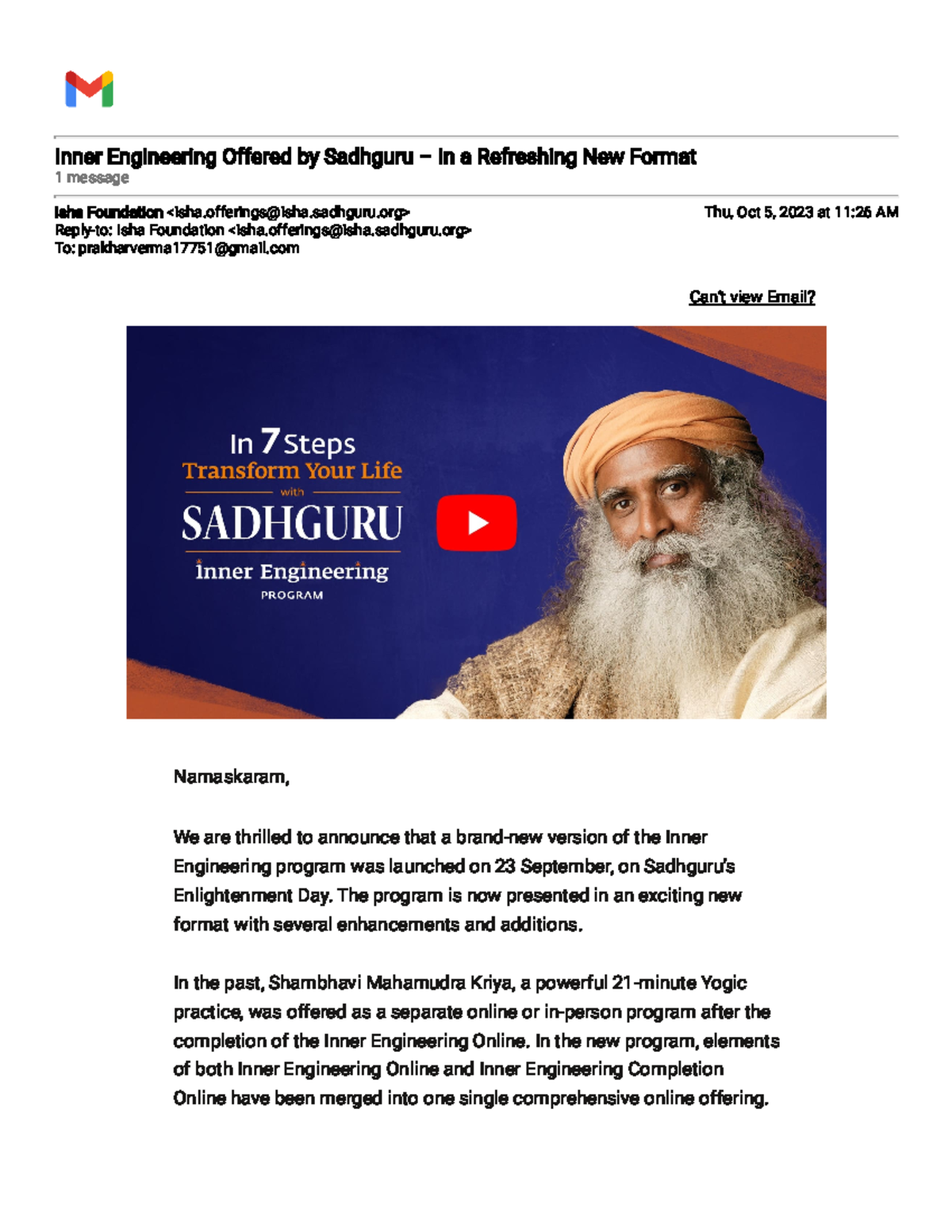 Gmail - Inner Engineering Offered by Sadhguru – In a Refreshing New Format - Inner Engineering ...