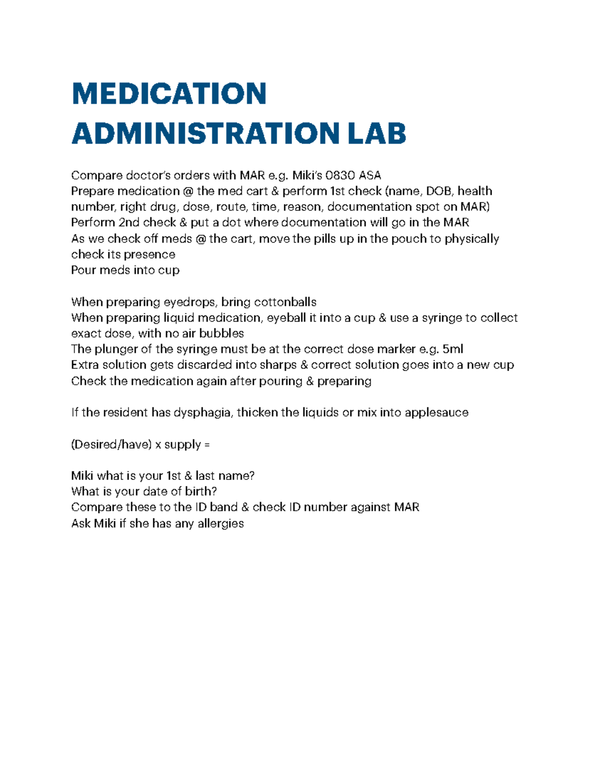 Module 7 - MEDICATION ADMINISTRATION LAB Compare doctor’s orders with ...