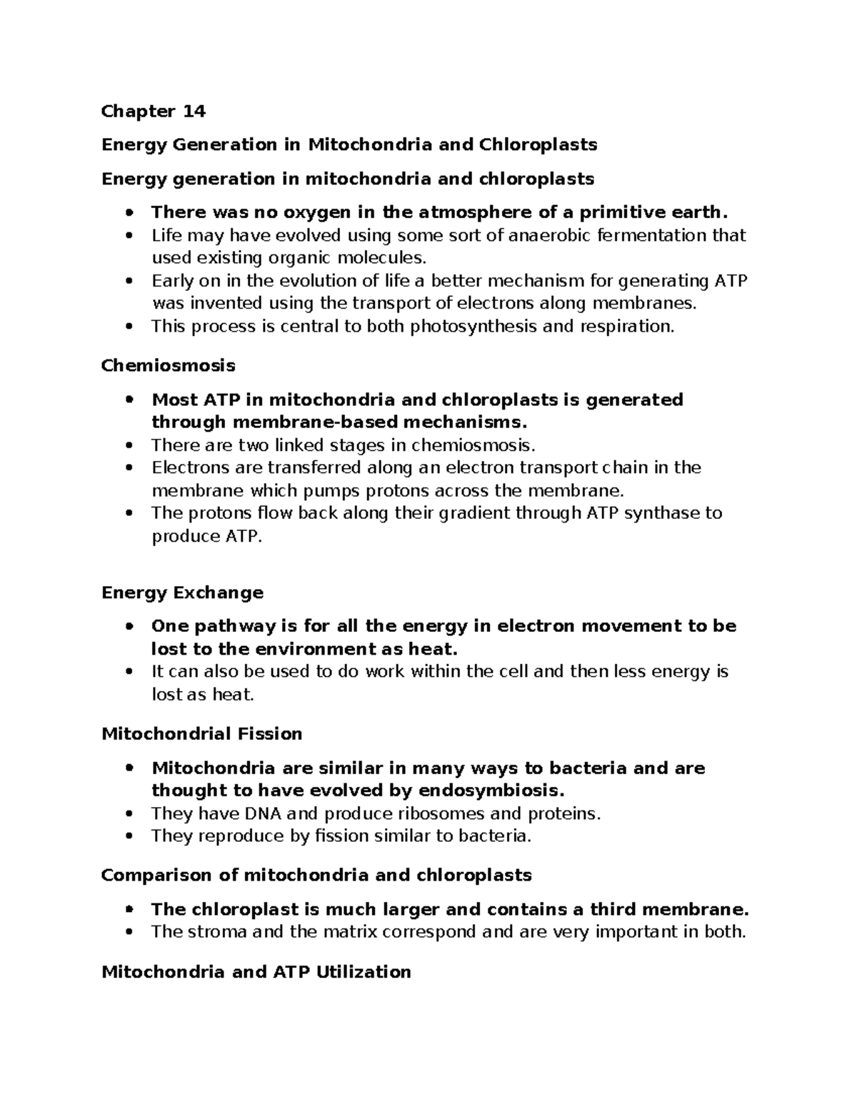 Chapter 14 Cell Biology Notes - Chapter 14 Energy Generation in ...
