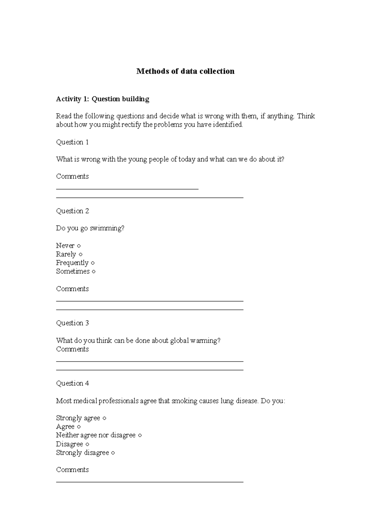 Questionnaire method - Activity Sheet - Methods of data collection ...