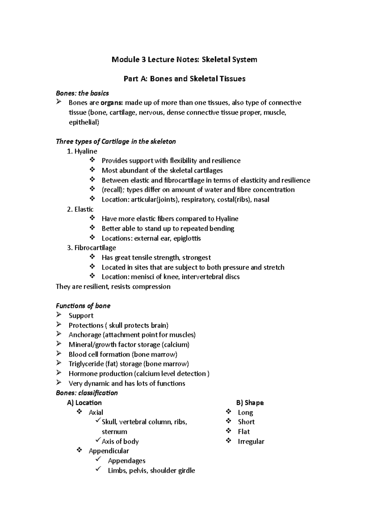 Module 3 Lecture Part A Bones - Module 3 Lecture Notes: Skeletal System ...