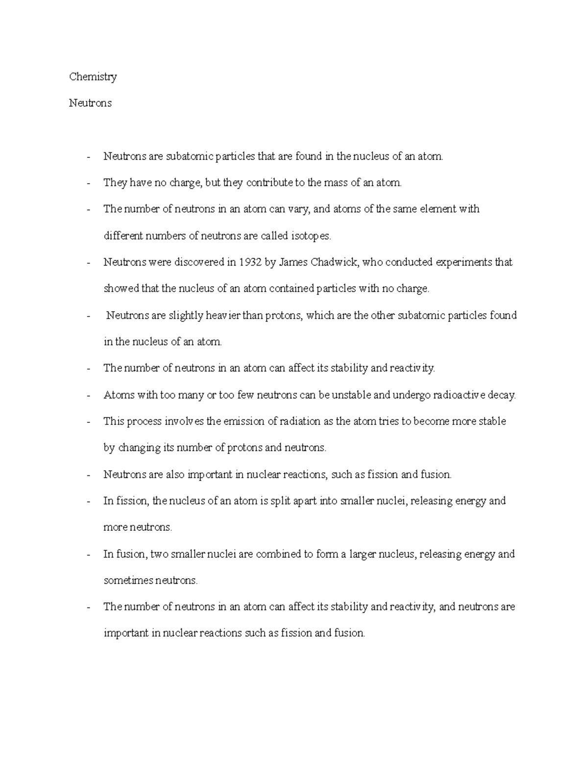 Chemistry-Neutrons Notes - Chemistry Neutrons Neutrons are subatomic ...