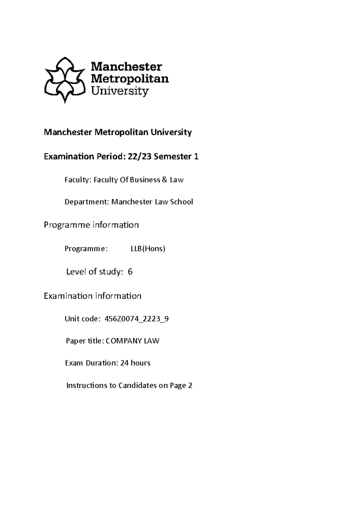 Company Law First Sit Online Exam - Manchester Metropolitan University ...