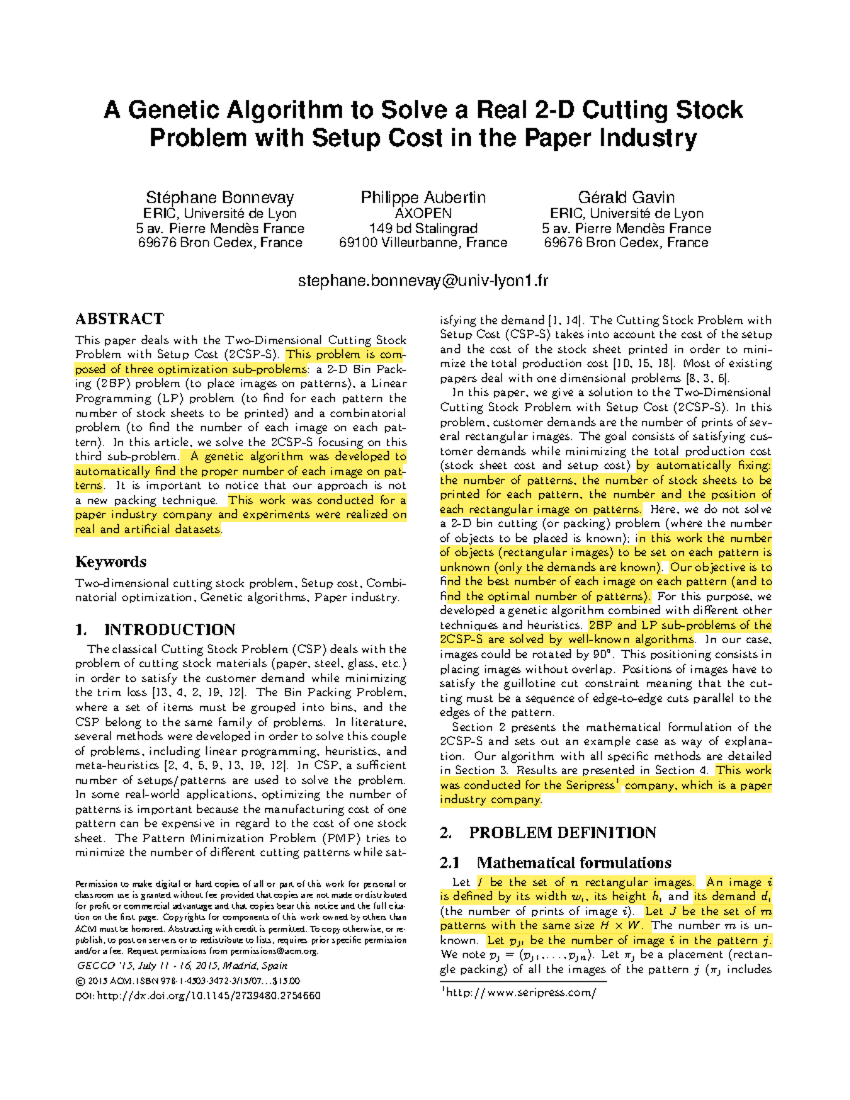 Two dimensional genetic setup cost - A Genetic Algorithm to Solve a Real 2-D Cutting Stock ...