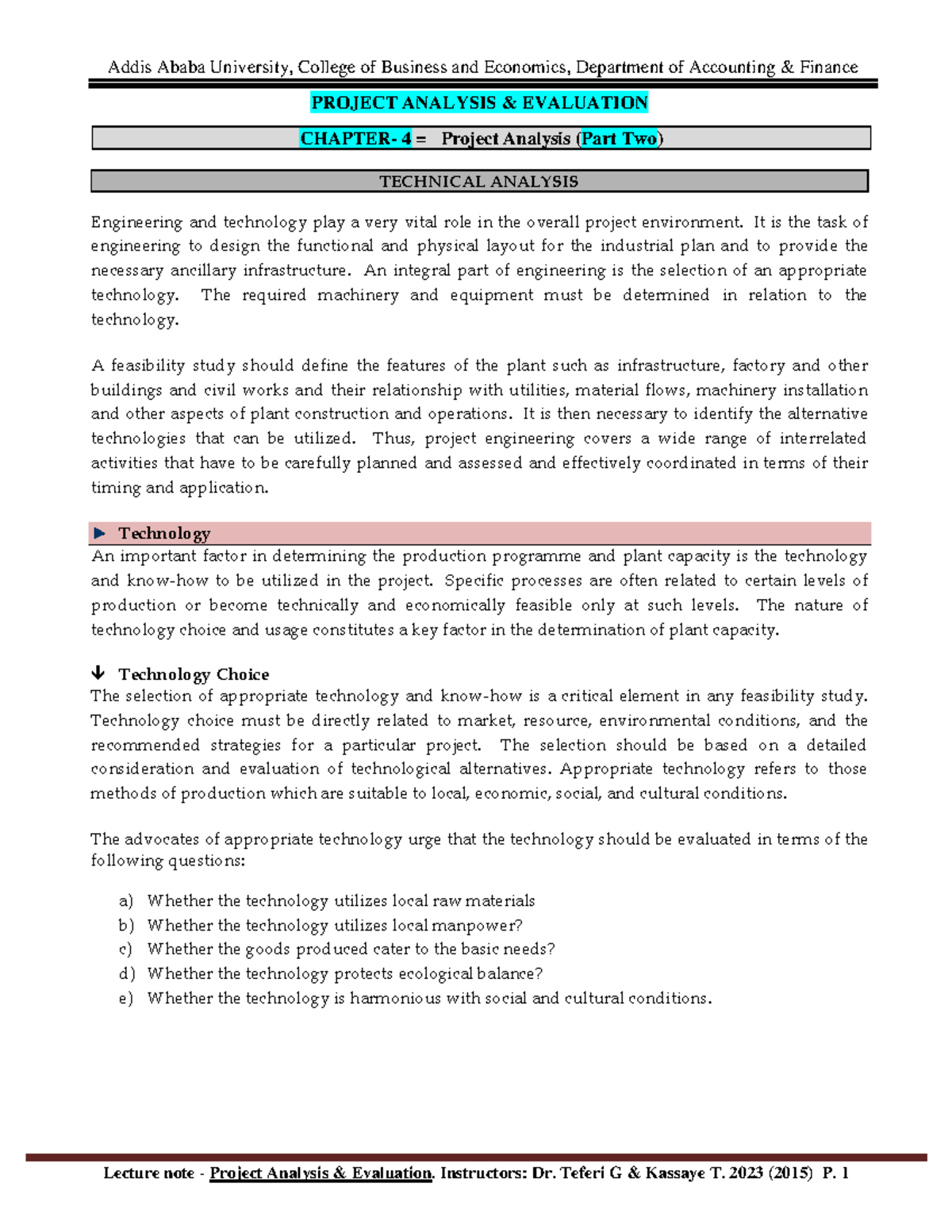 Ch. 4 - notes - PROJECT ANALYSIS & EVALUATION TECHNICAL ANALYSIS ...
