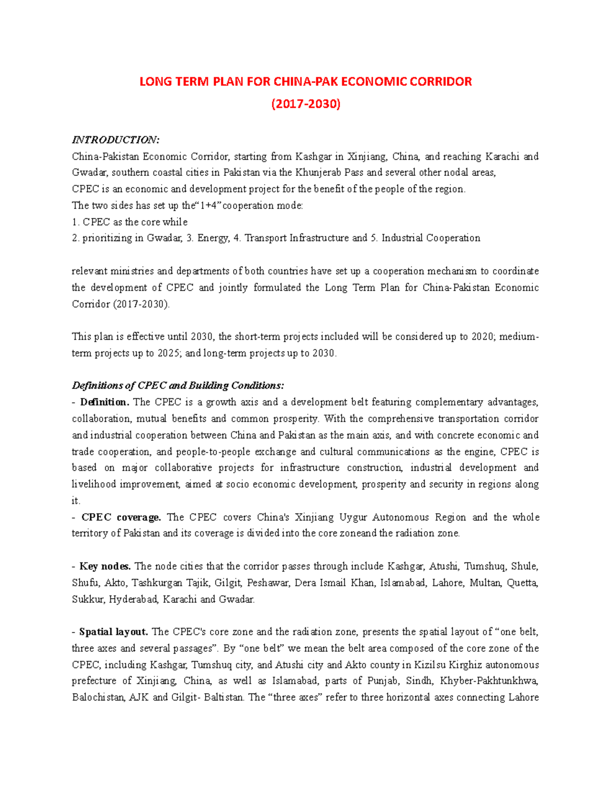 Cpec - cpec assignment - LONG TERM PLAN FOR CHINA-PAK ECONOMIC CORRIDOR ...