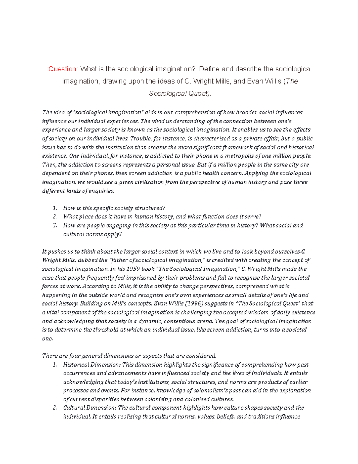 Sociology Assessment 2 - Question: What is the sociological imagination ...