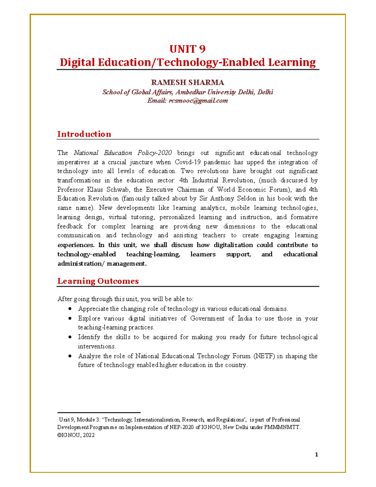Module 3-Unit-9-English - UNIT 9 Digital Education/Technology-Enabled Learning RAMESH SHARMA ...