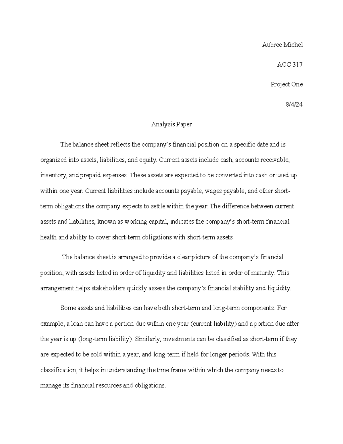 ACC 317 Project One Analysis Paper - Aubree Michel ACC 317 Project One ...