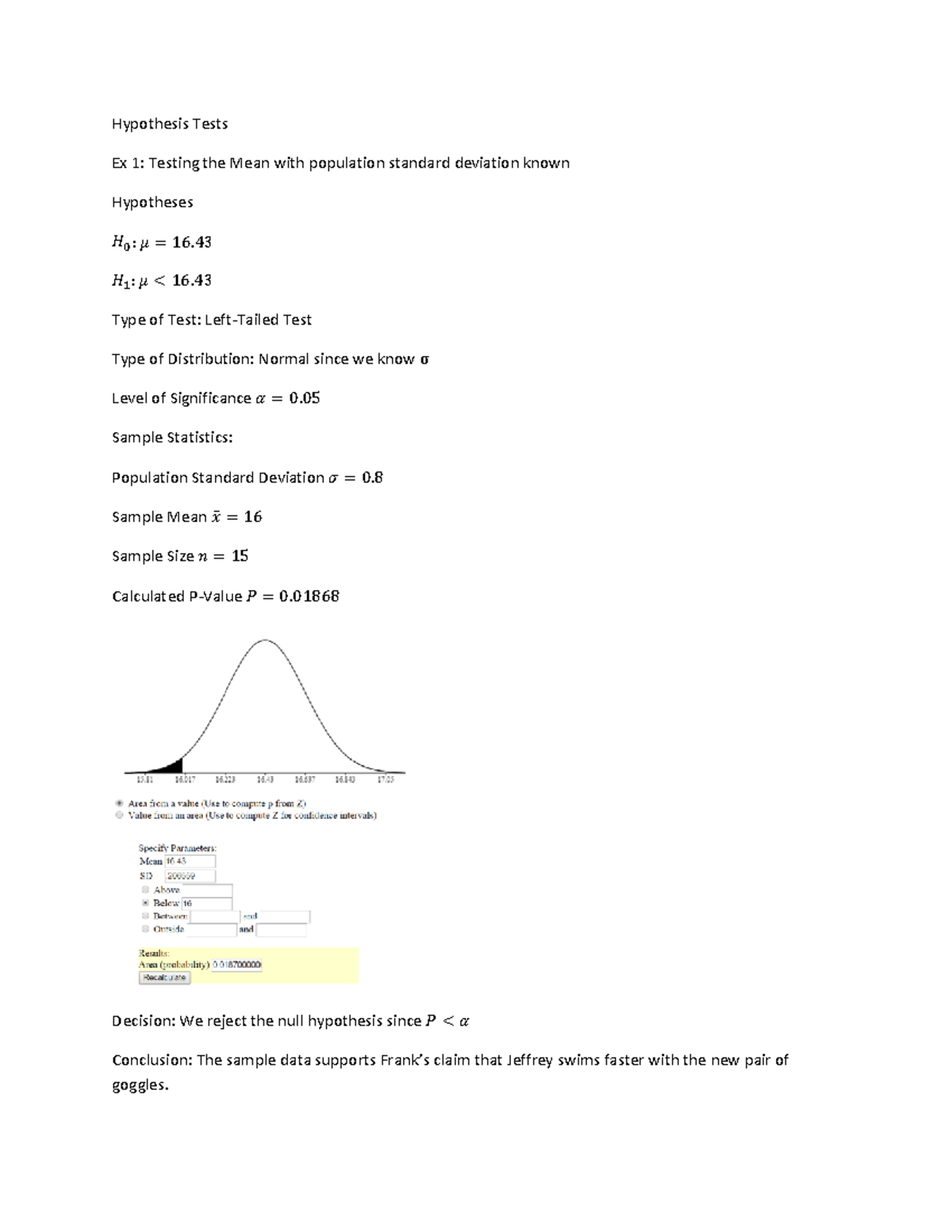 Hypothesis Tests 0 Ex 2 Testing The Mean With Population Standard