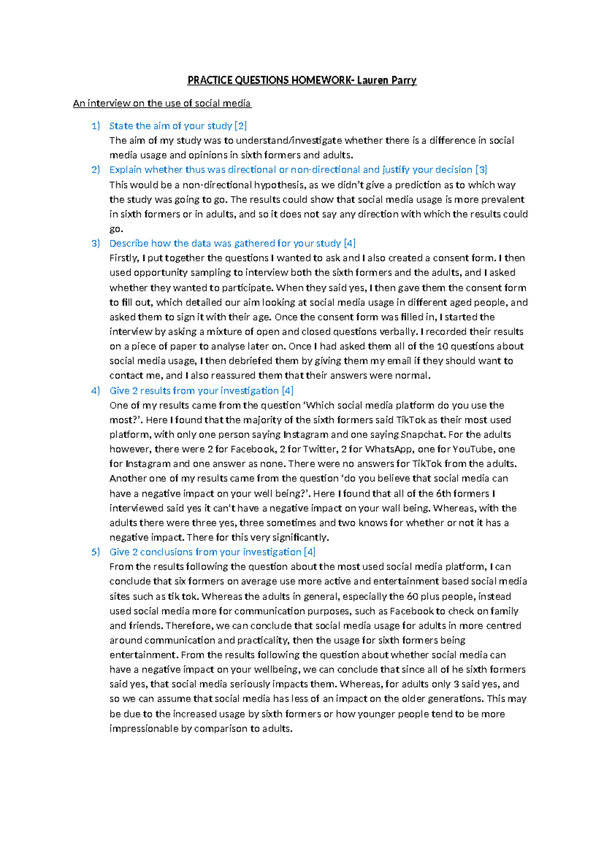 Practice Questions Homework - PRACTICE QUESTIONS HOMEWORK- Lauren Parry ...