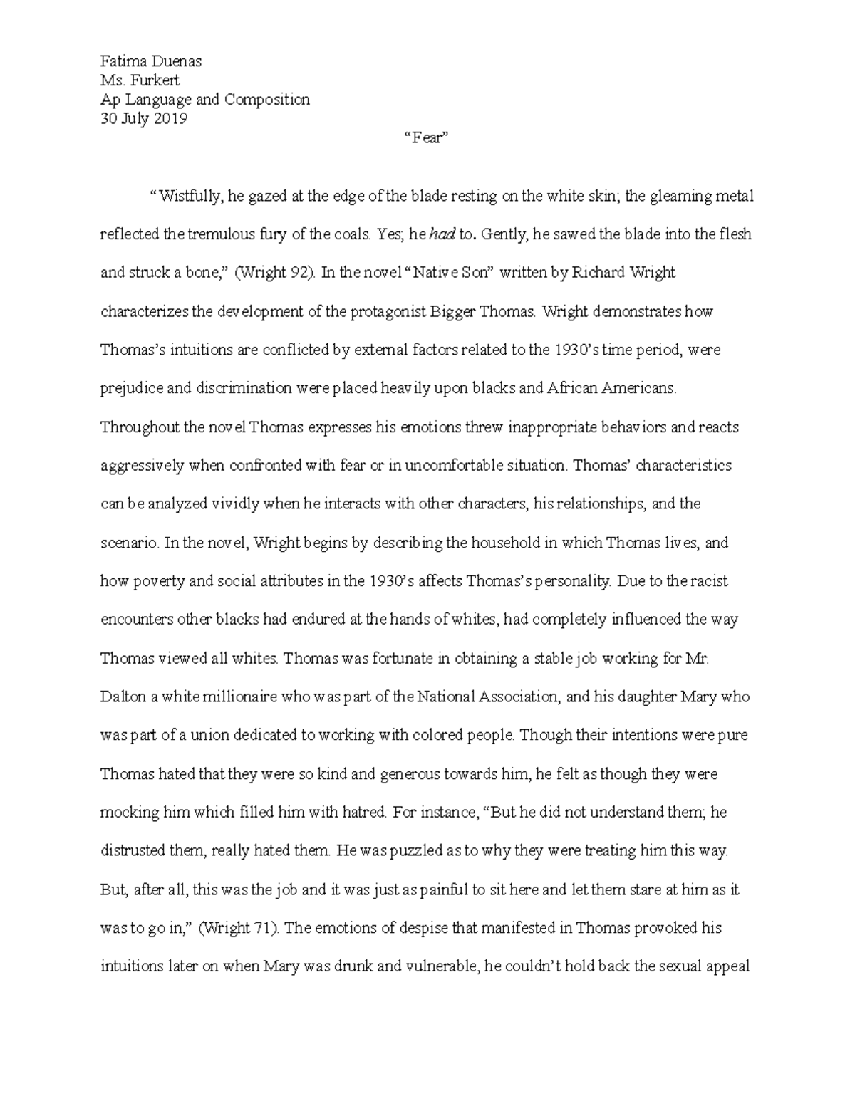Native son novel written in the 1900's - Fatima Duenas Ms. Furkert Ap ...