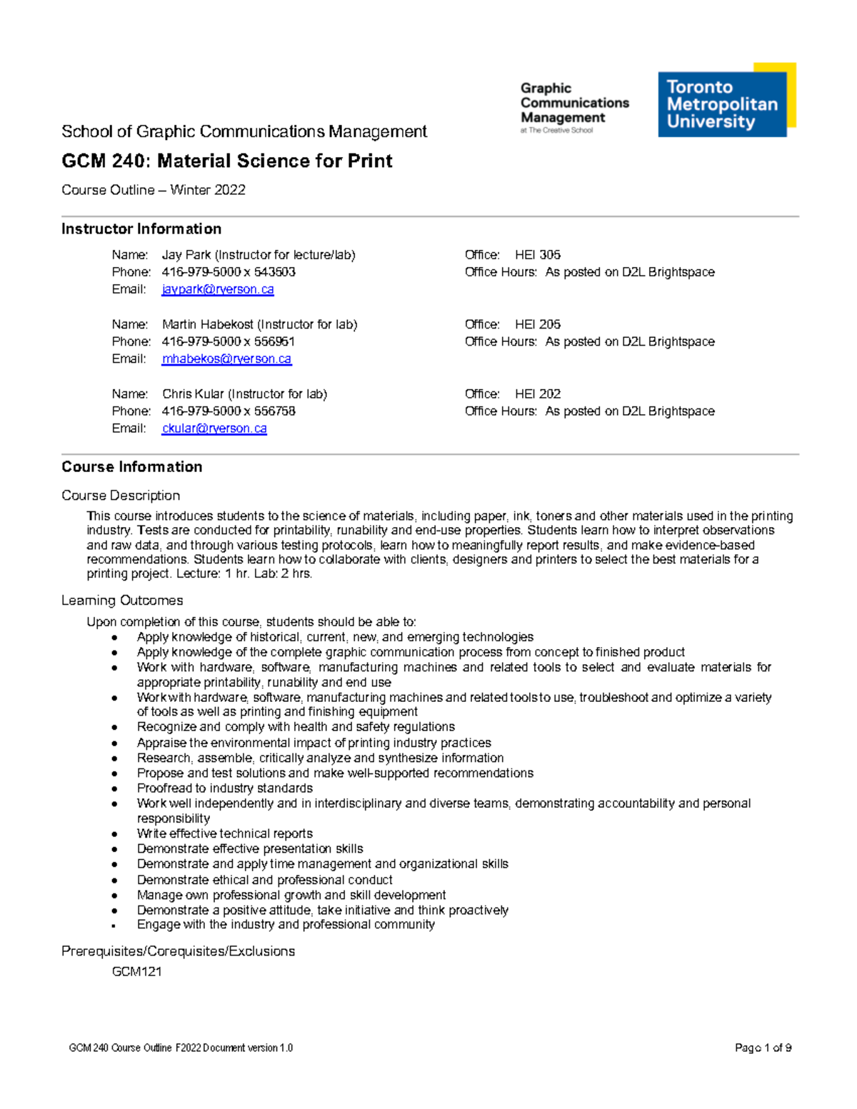 GCM Course Outline F22 GCM240 - School of Graphic Communications ...