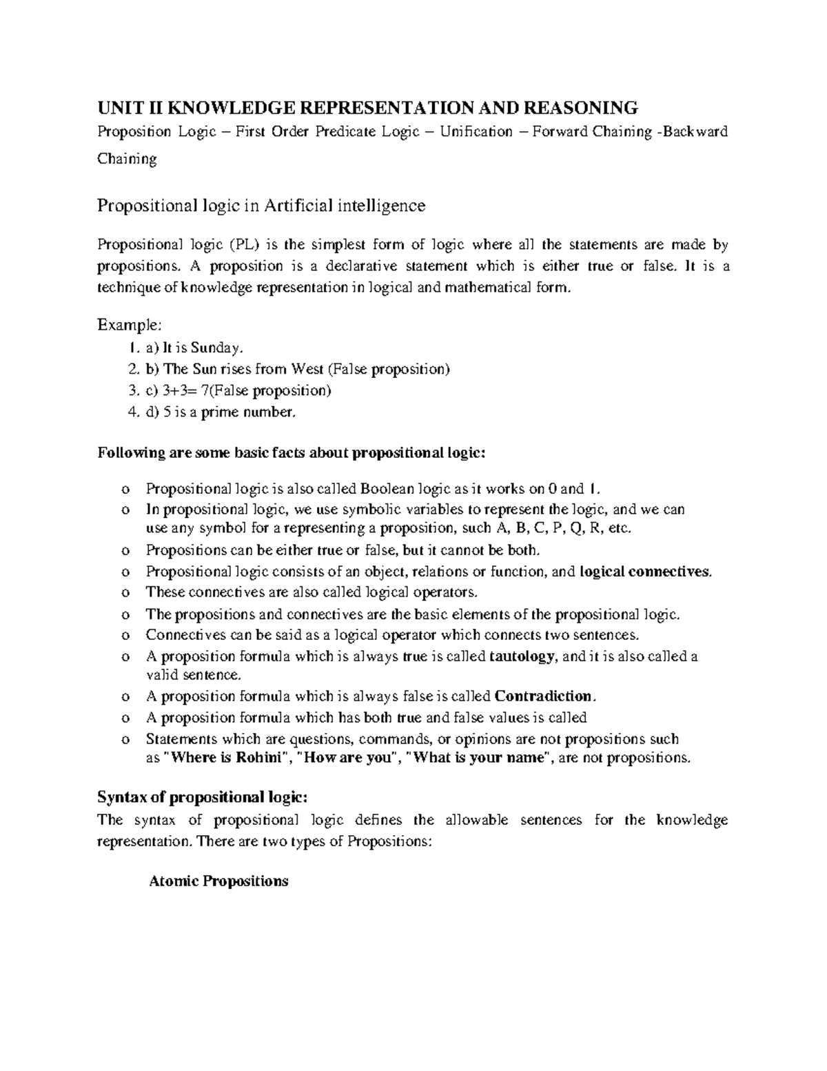 UNIT III-KR AND P Logic - Lecture notes - UNIT II KNOWLEDGE ...