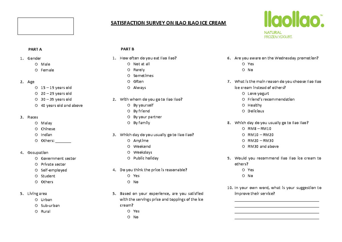 Ilao Ilao survey - SATISFACTION SURVEY ON ILAO ILAO ICE CREAM PART A ...