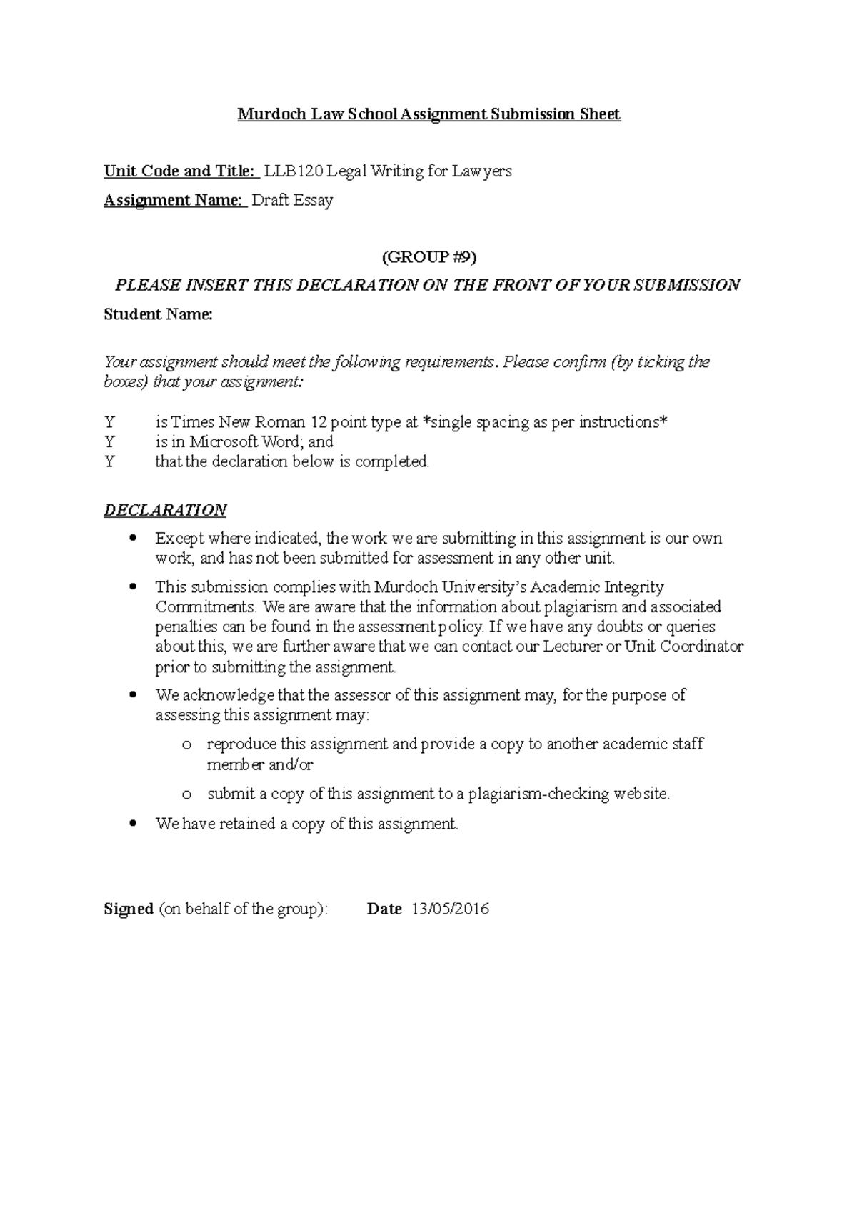 Carmody assignment - legal problem solving question - Murdoch Law ...