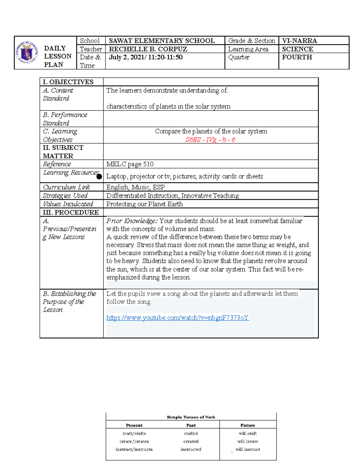 Lesson plan in science 6 Solar System - DAILY LESSON PLAN School SAWAT ...