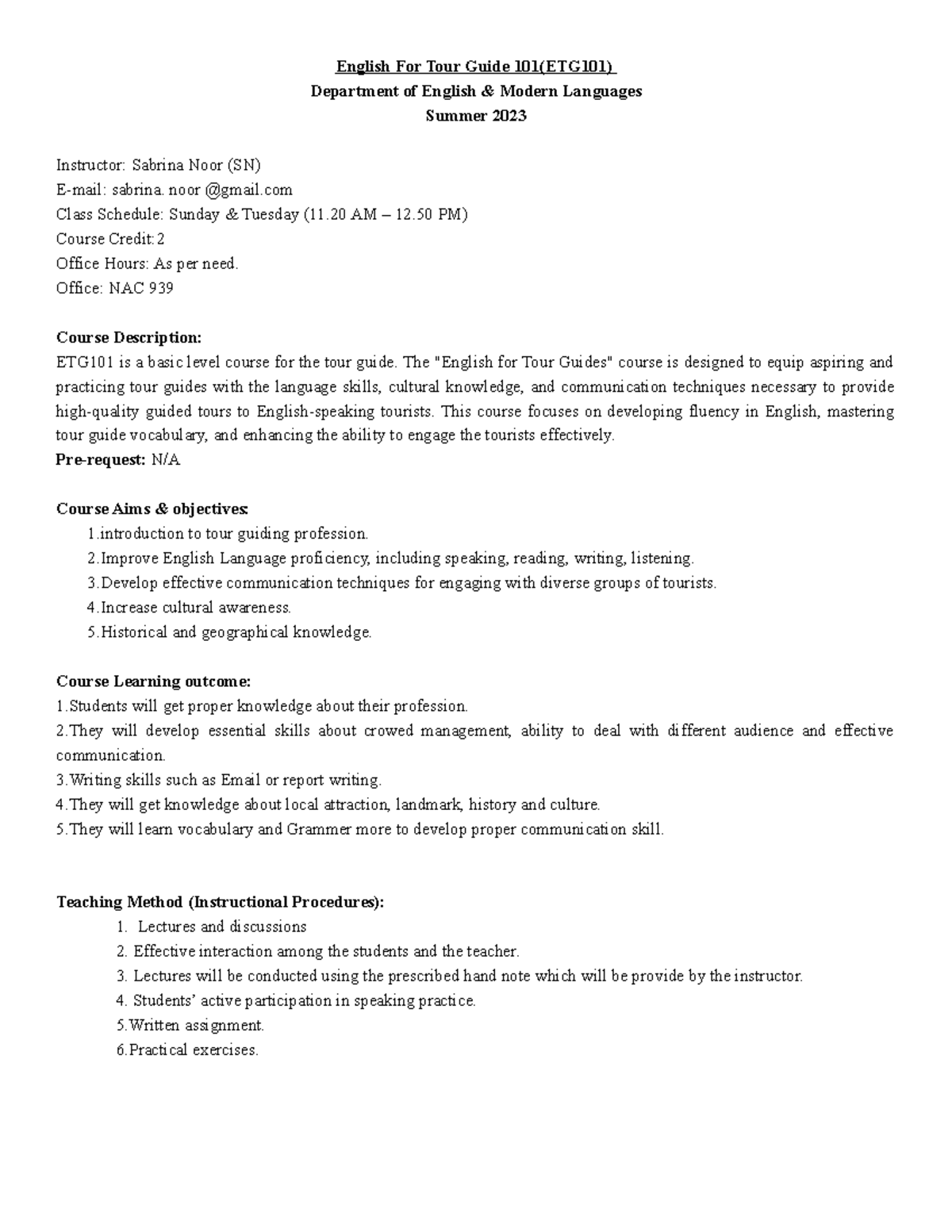 ETG101 - English For Tour Guide 101(ETG101) Department of English ...