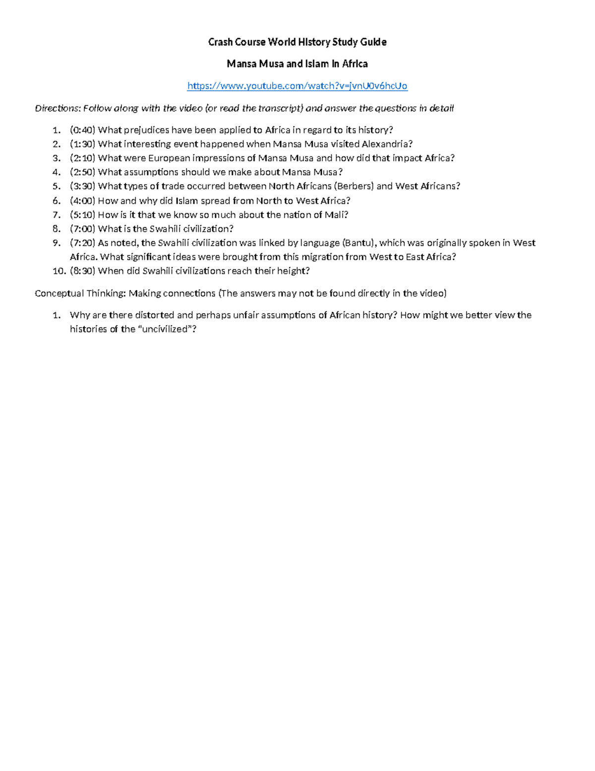 CCWH SG Mansa Musa - n/a - Crash Course World History Study Guide Mansa ...