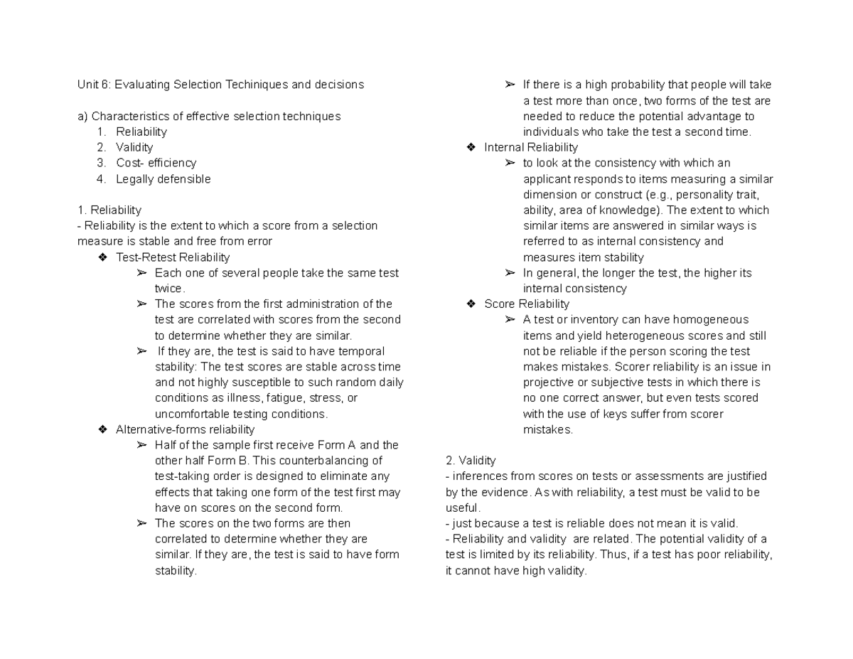 Chapter 6 until 8 - Unit 6: Evaluating Selection Techiniques and ...