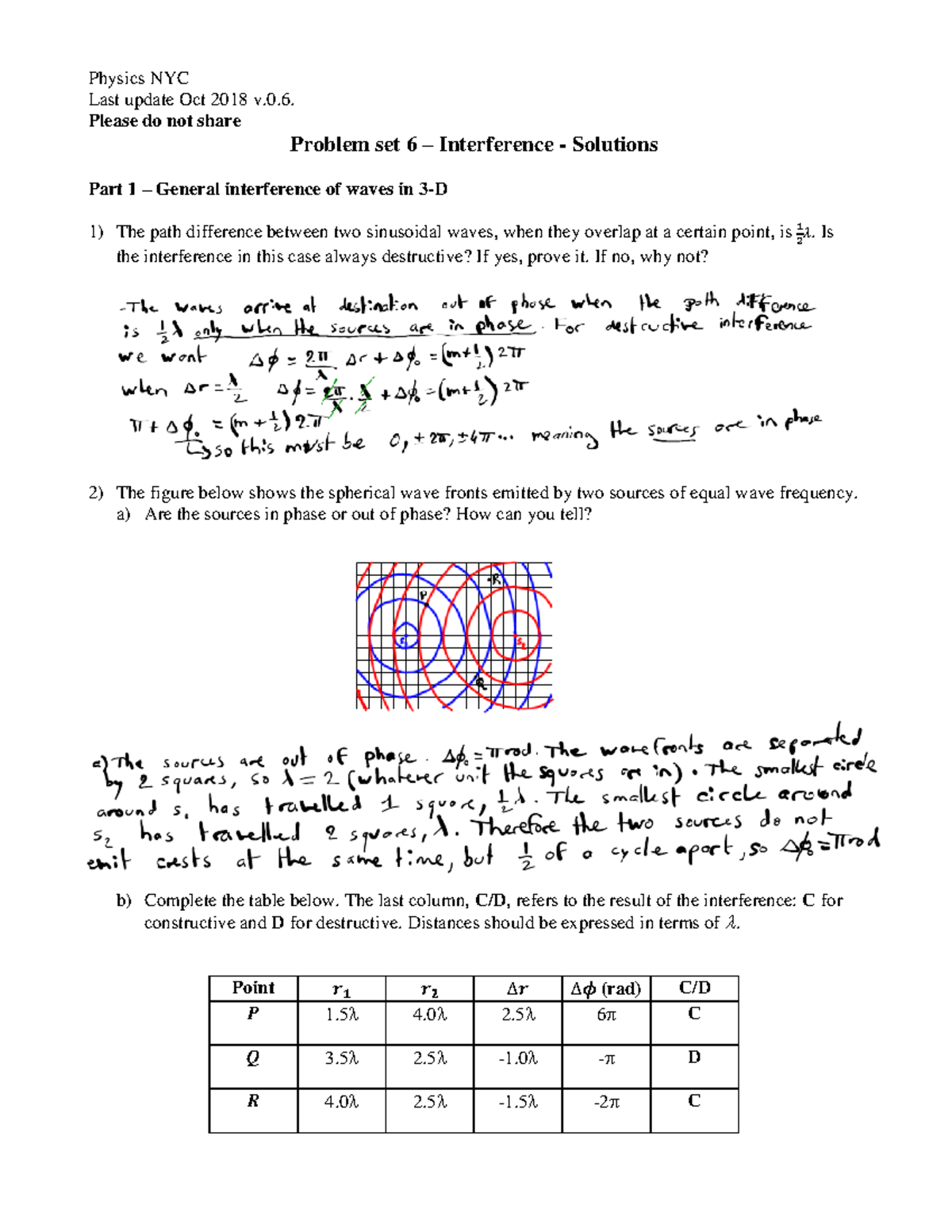 Problem set 6 interference Solutions - Physics NYC Last update Oct 2018 v.0. Please do not share ...