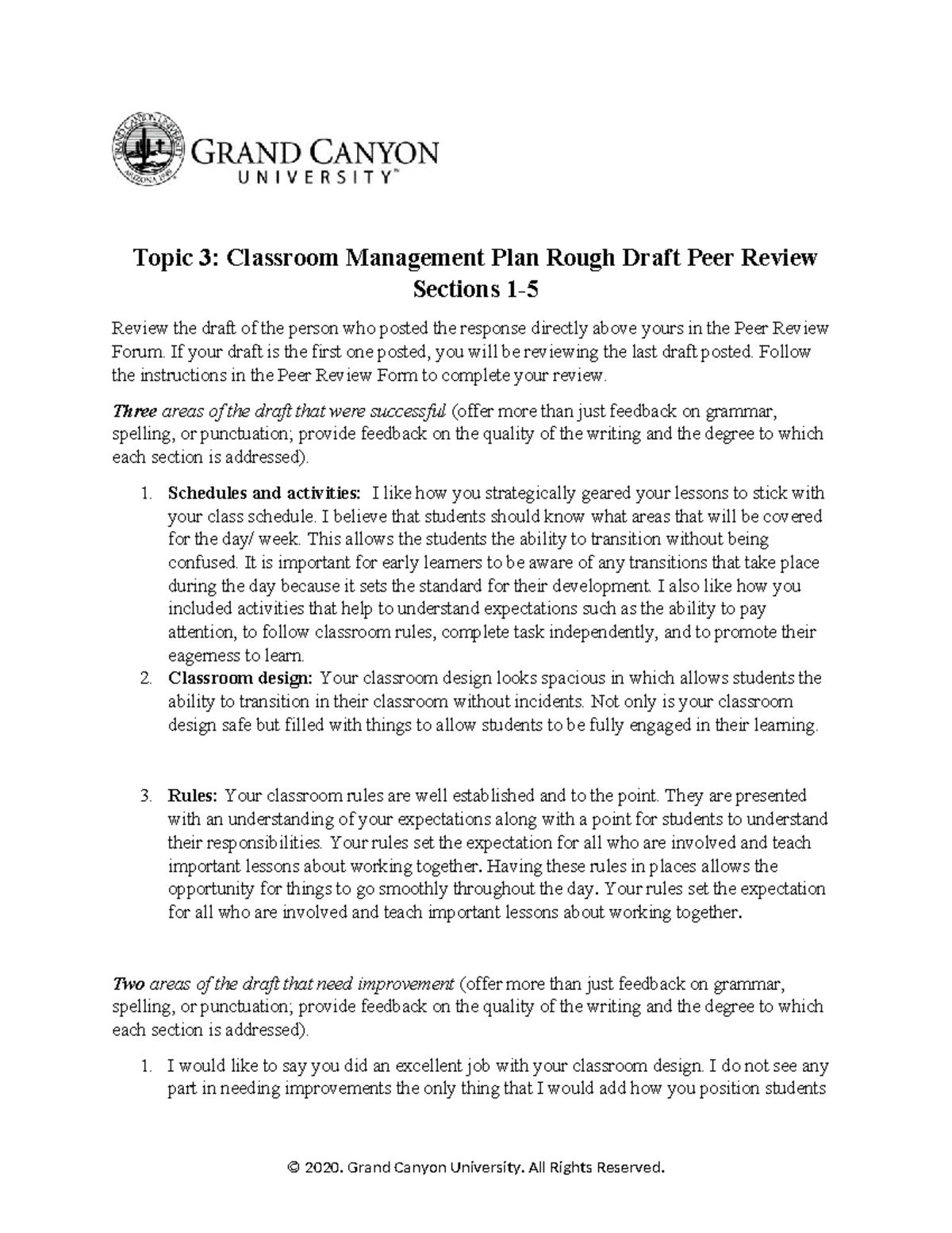 ECE-400-T3-Peer Review Form 1-5 - Topic 3: Classroom Management Plan ...