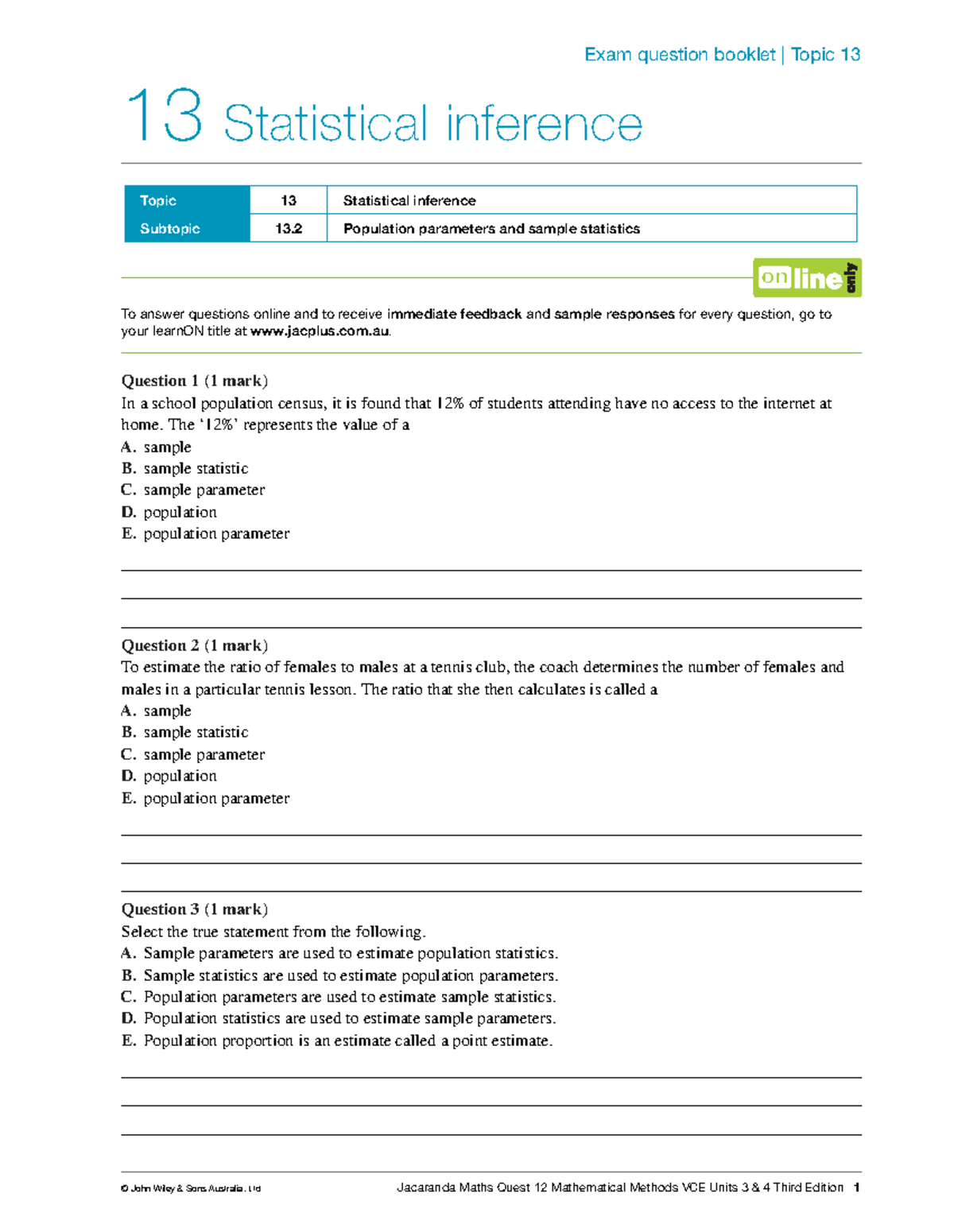 Ch13 Exam question booklet - 13 Statistical inference Topic 13 Statistical inference Subtopic 13 ...