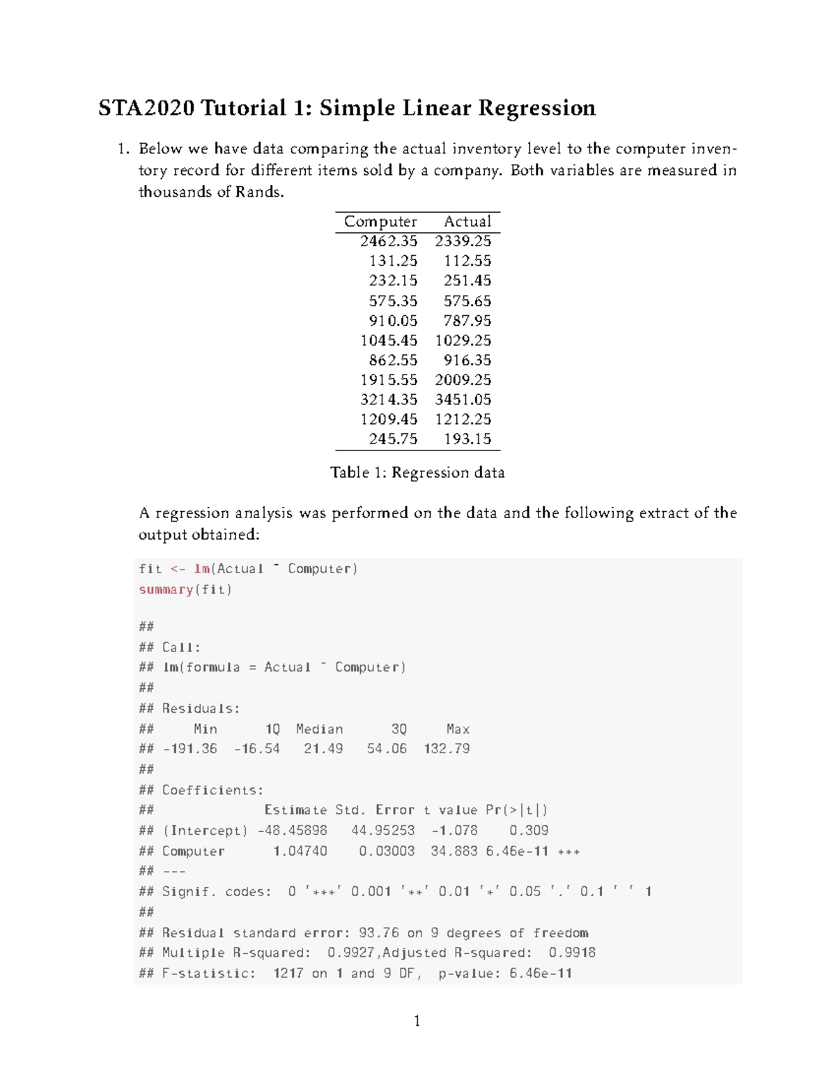 SLR TUT4 - Tutorial 4 - STA2020 Tutorial 1: Simple Linear Regression 1. Below we have data ...